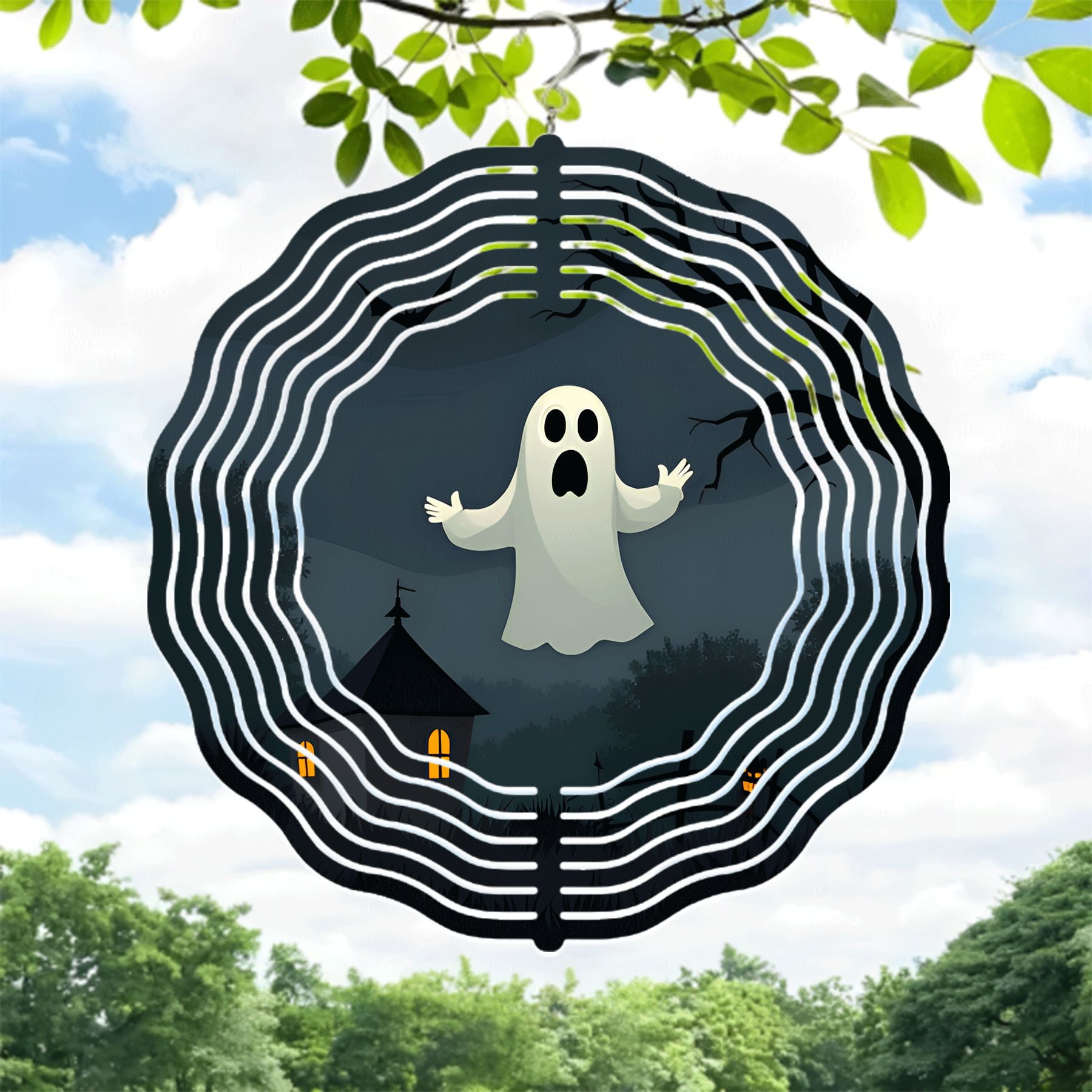 Spooky Ghost Design Metal Hanging Wind Spinner & Chime - Perfect for ...