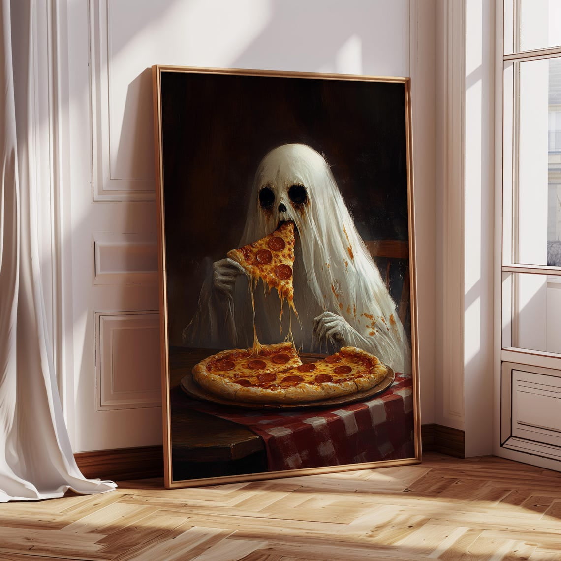 Spooky Ghost Eating Pizza Art Print – Funny Foodie Wall Decor – Creepy ...