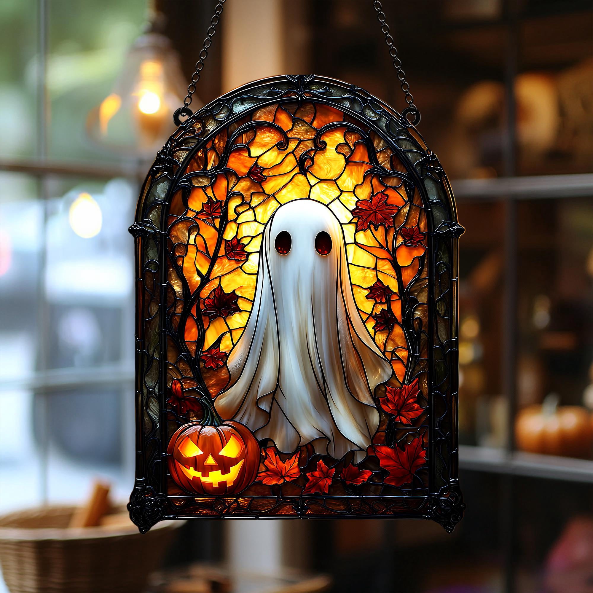 Spooky Ghost & Pumpkin Acrylic Suncatcher, Halloween Faux Stained Glass ...