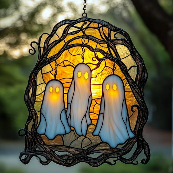 Spooky Ghost Trio Acrylic Window Hanging - Faux Stained Glass Halloween ...