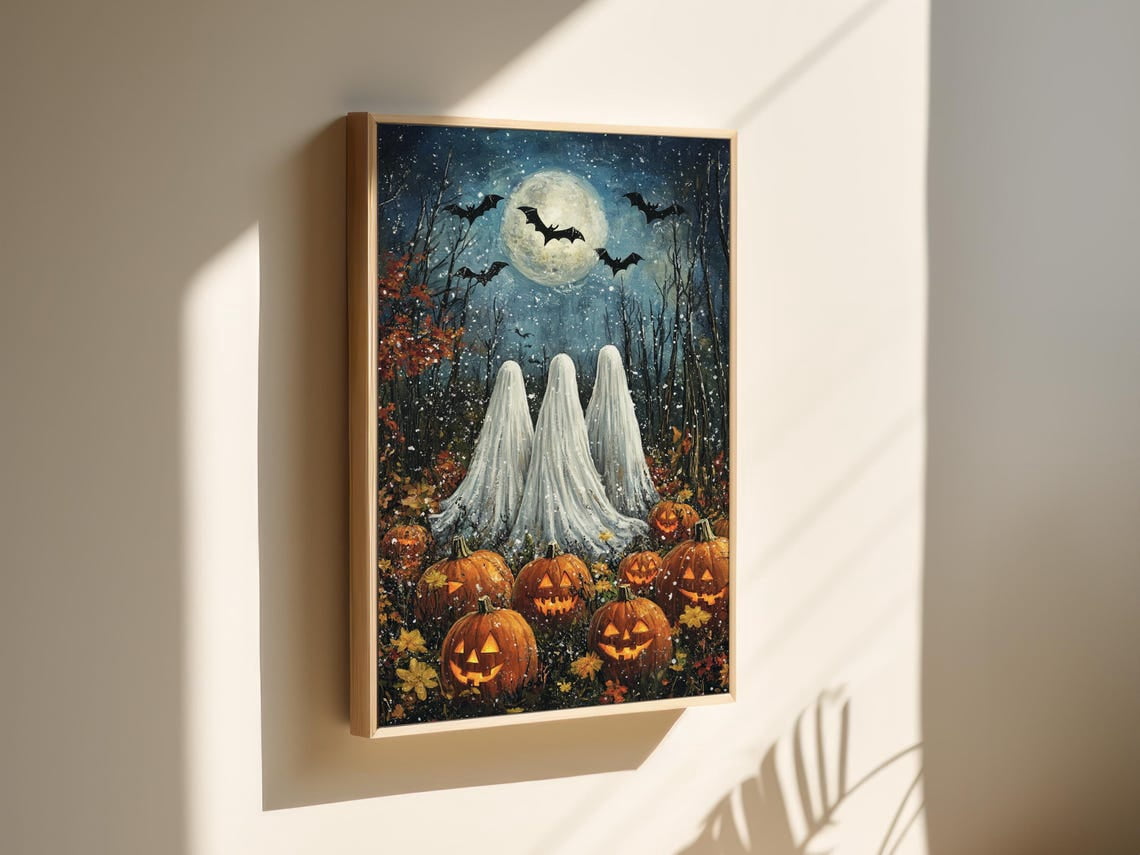 Spooky Ghost Trio Art, Haunted Forest Print, Full Moon And Pumpkins ...