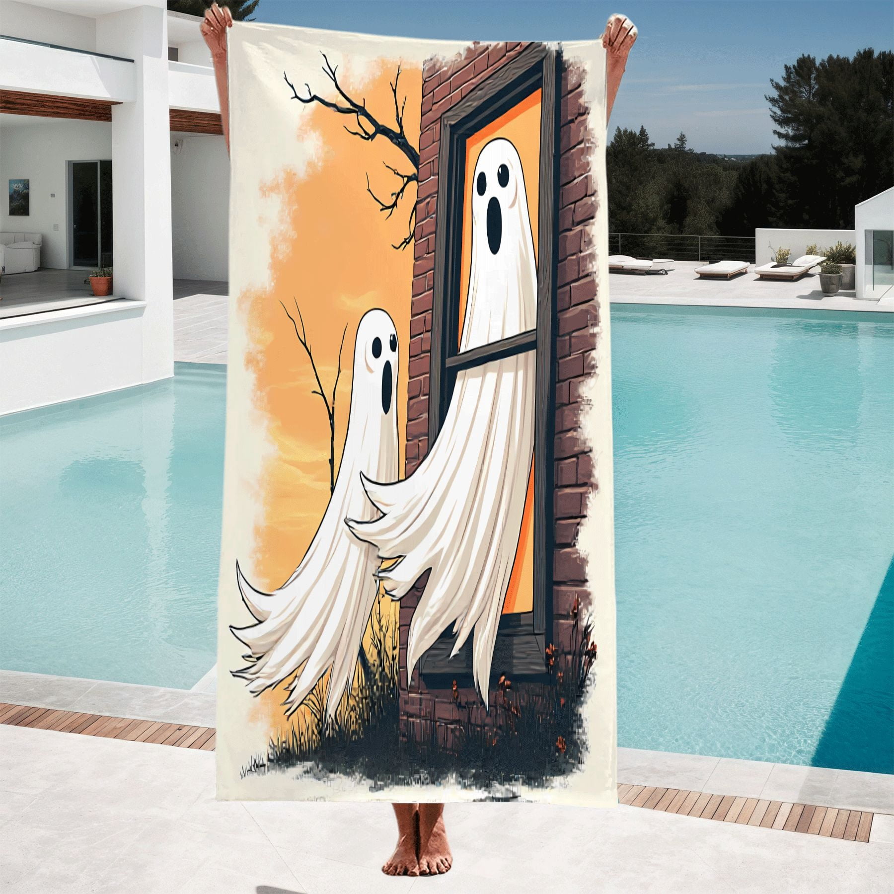 Spooky Ghosts Beach Towel - Halloween-Themed Bath & Pool Towel with ...
