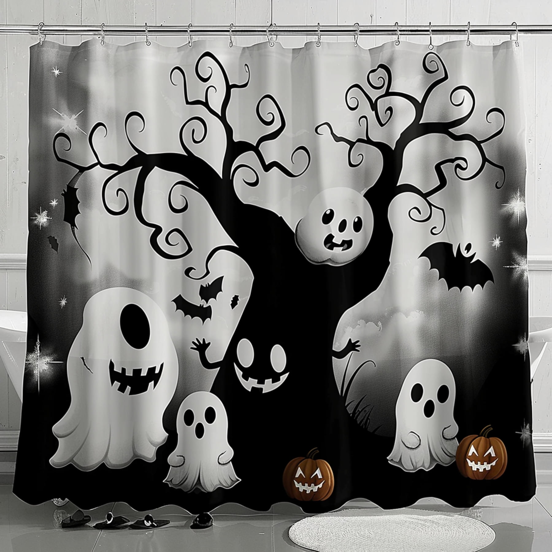 Spooky Ghosts And Glowing Eyes Shower Curtain Halloween Theme With Cute