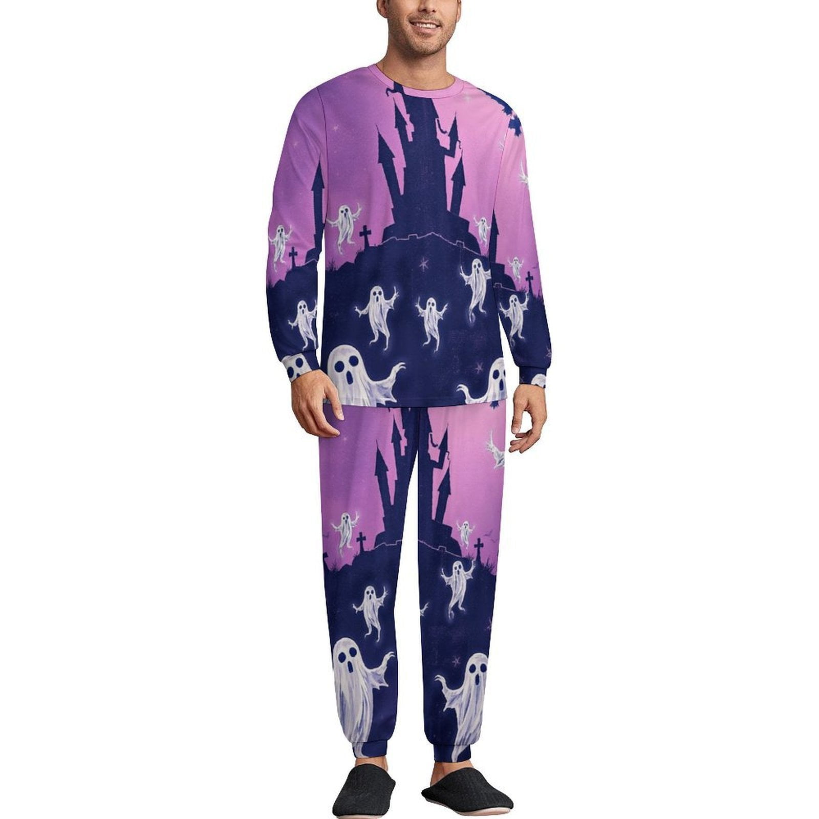 Spooky Ghosts Haunted Castle Night Pajamas Men Home Suit Winter Long ...
