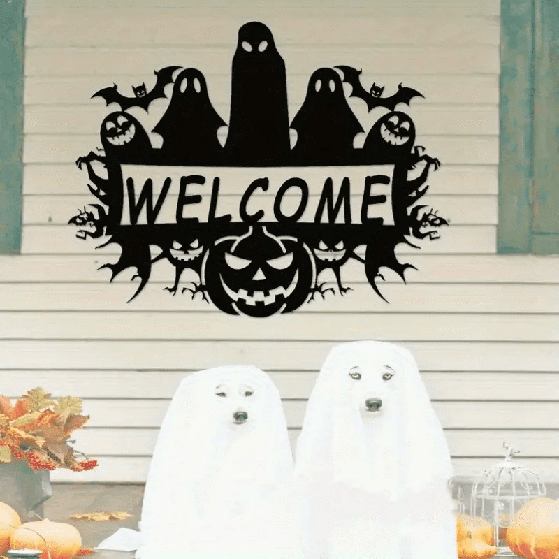 Spooky Ghosts & Pumpkin Metal Halloween Welcome Sign, Indoor or Outdoor ...