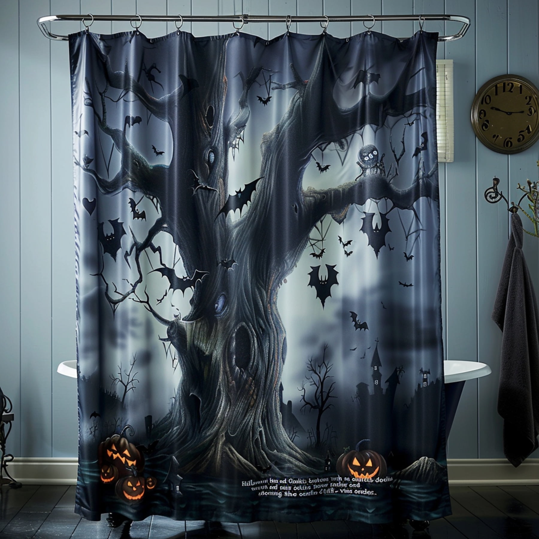 Spooky Gothic Bathroom Curtain with Eerie Tree and Bats Hyper Realistic ...