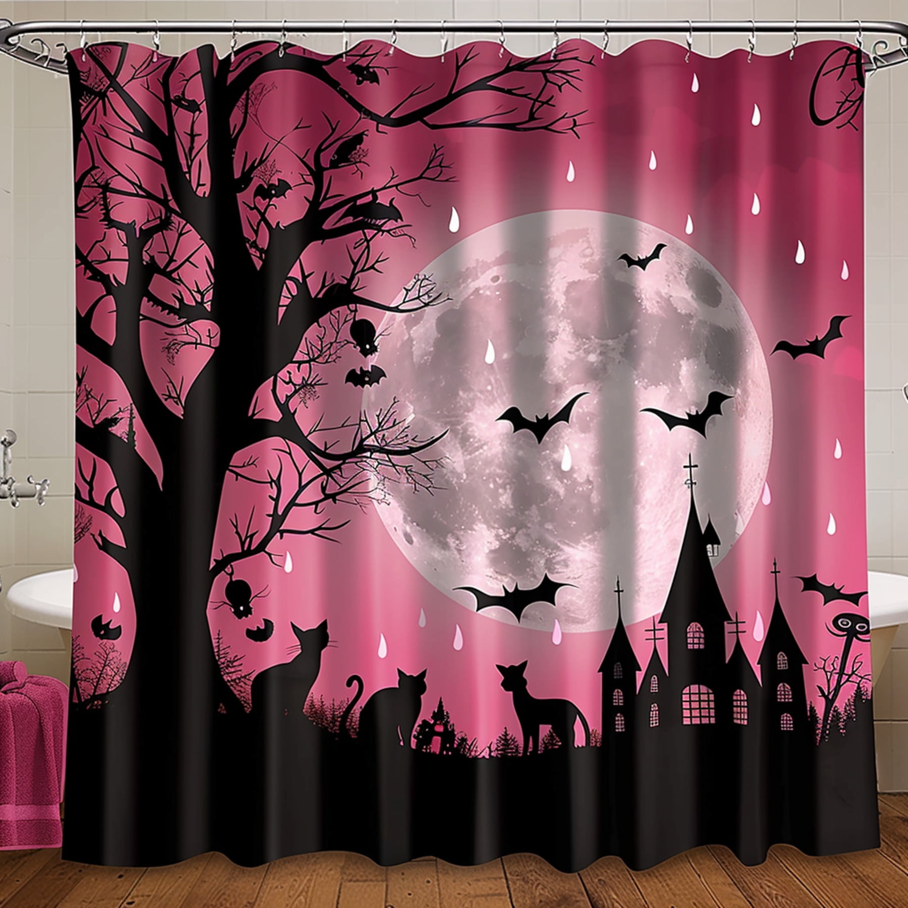 Spooky Gothic Halloween Shower Curtain with Witch Bat Cat and Full Moon ...