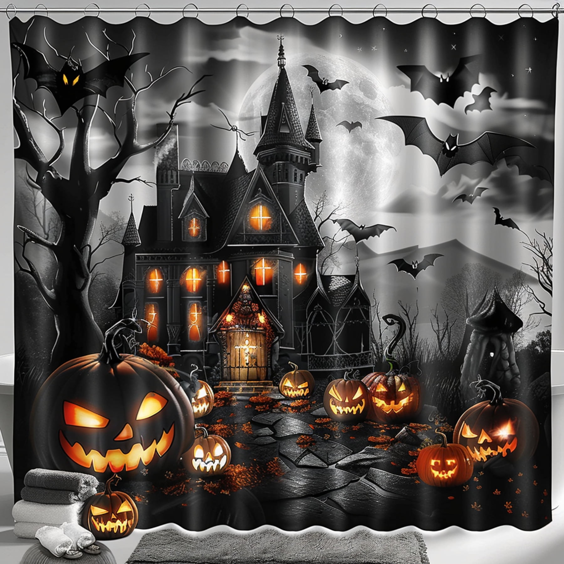 Spooky Gothic Haunted House Bathroom Set Ghosts Bats Pumpkins Halloween