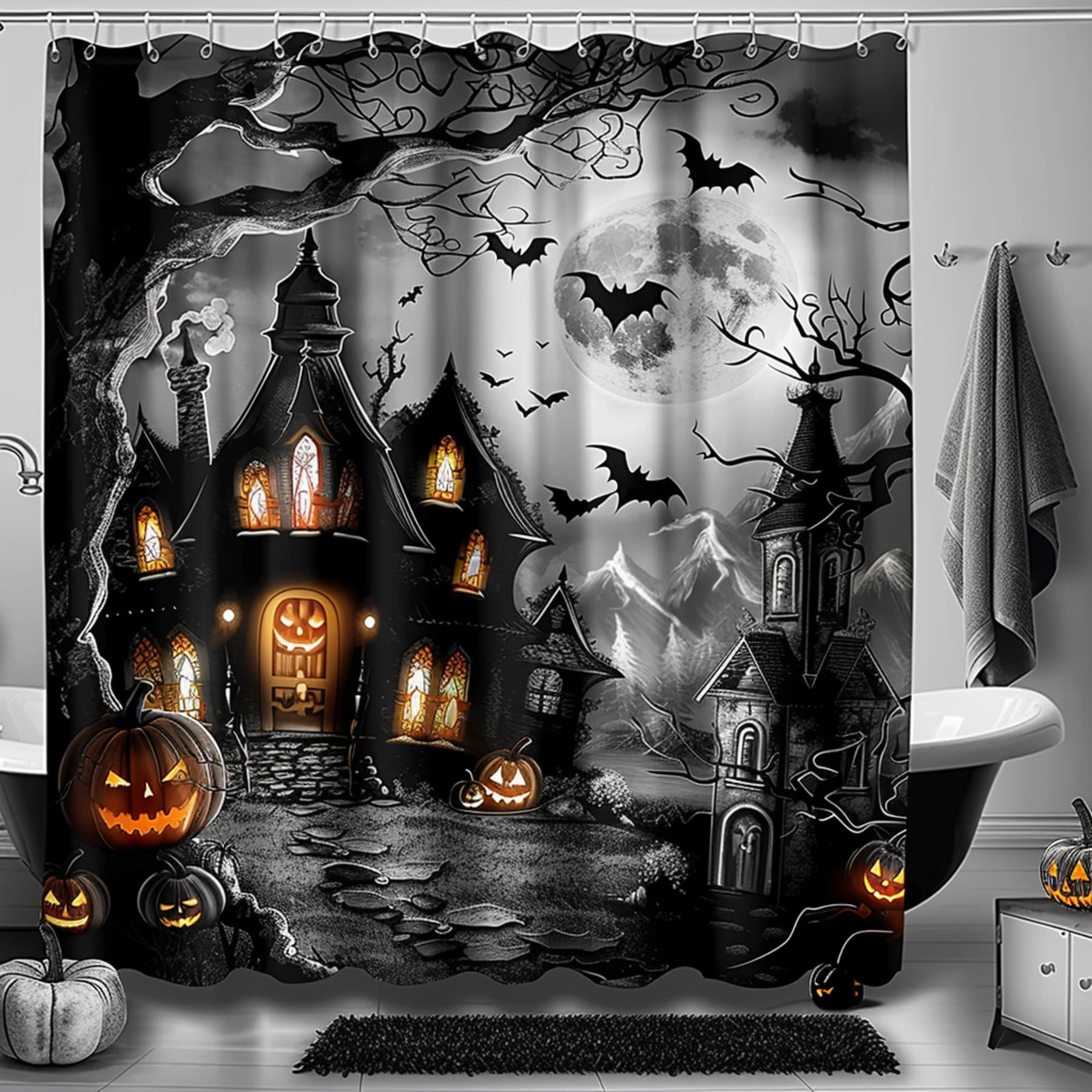 Spooky Gothic Haunted House Shower Curtain Set Halloween Decor With