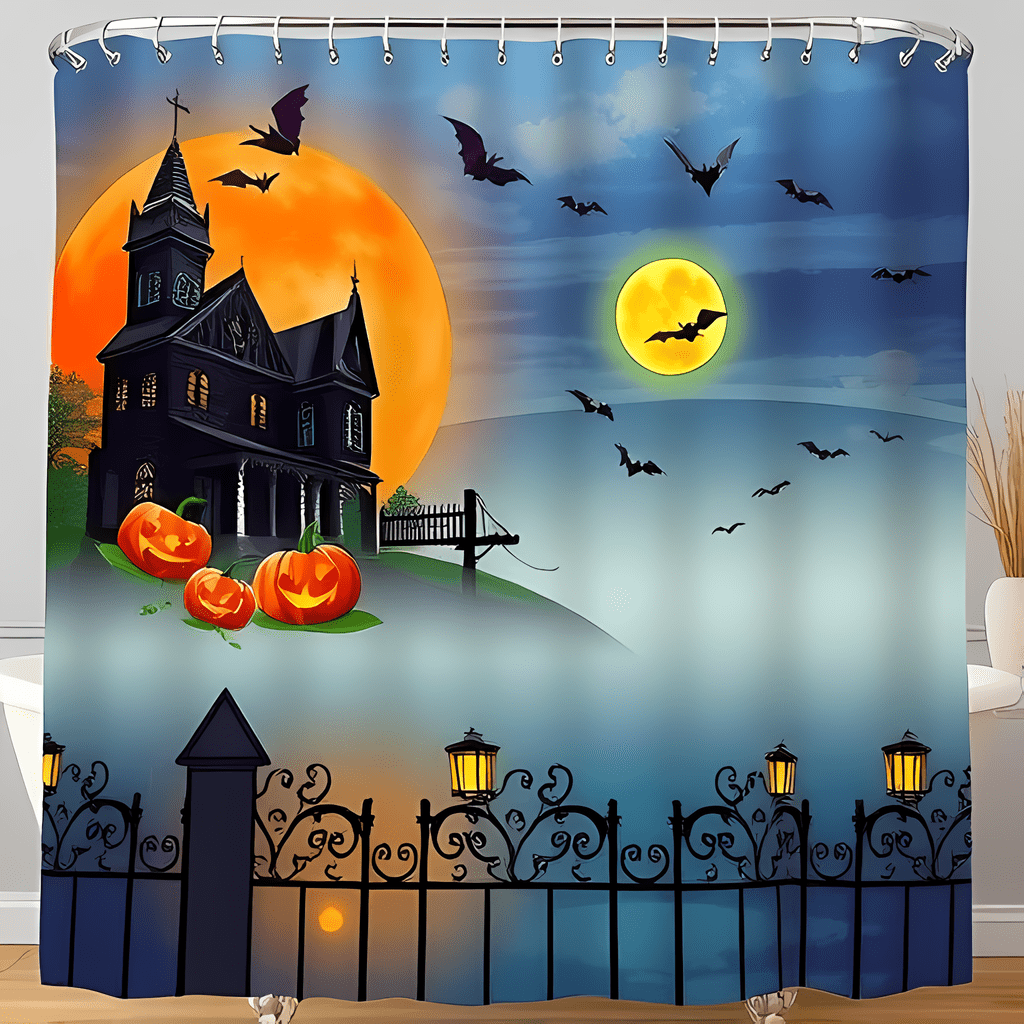 Spooky Gothic Mansion Halloween Shower Curtain with Orange Moon Bats ...