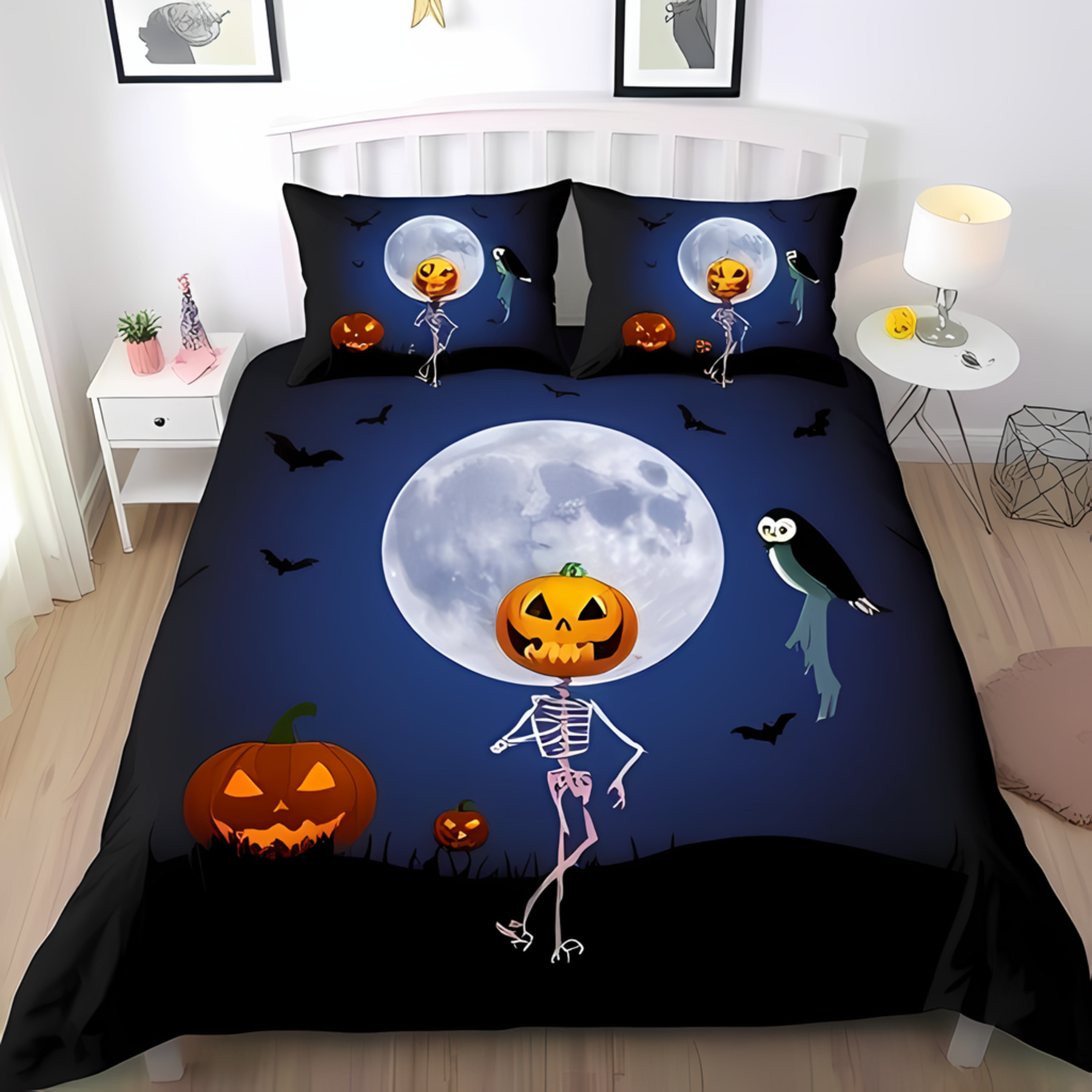 Spooky Halloween 3-Piece Duvet Cover Set - Dark Skeleton & Pumpkin ...