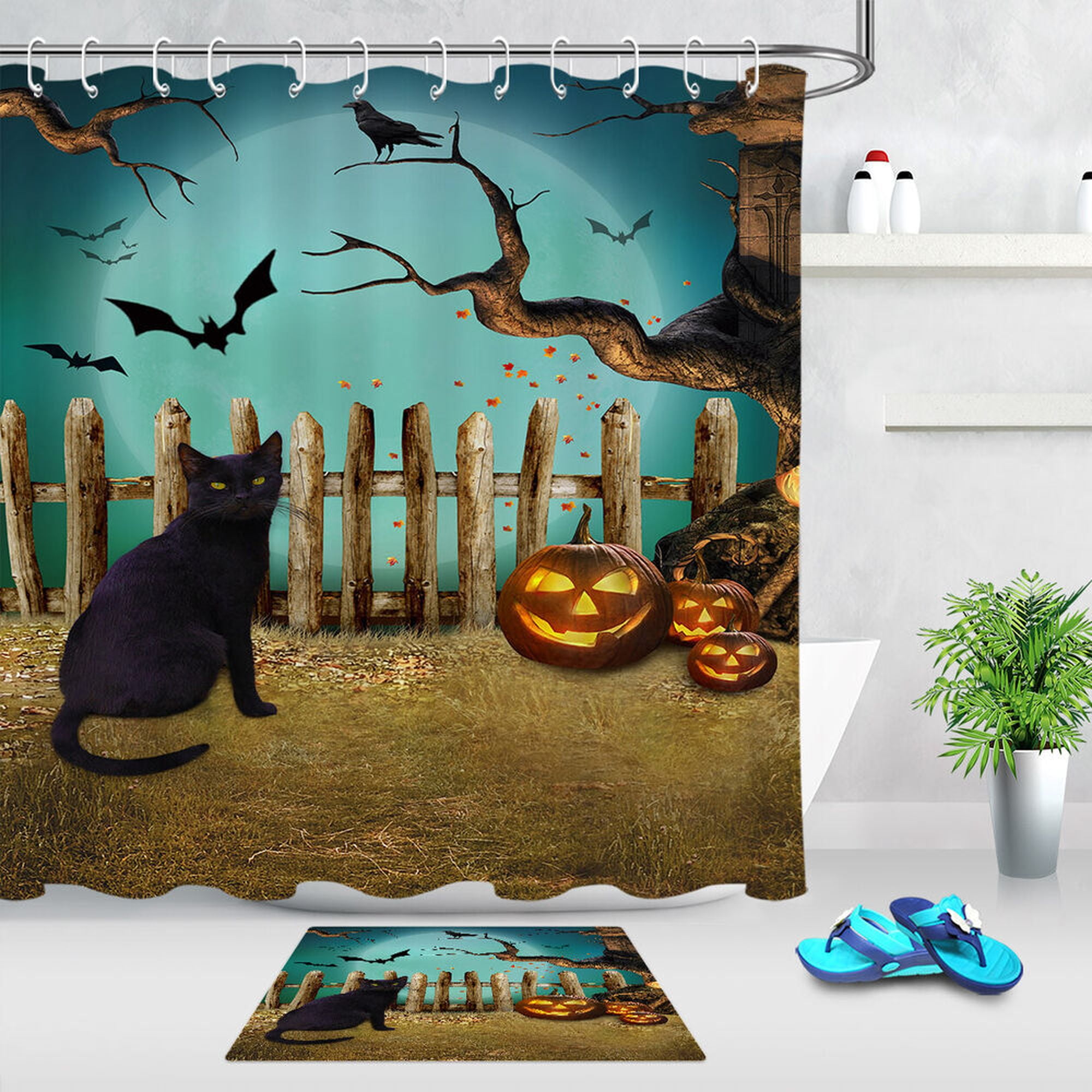 Spooky Halloween Bathroom Decor Set Pumpkin Black Cat Wood Fence