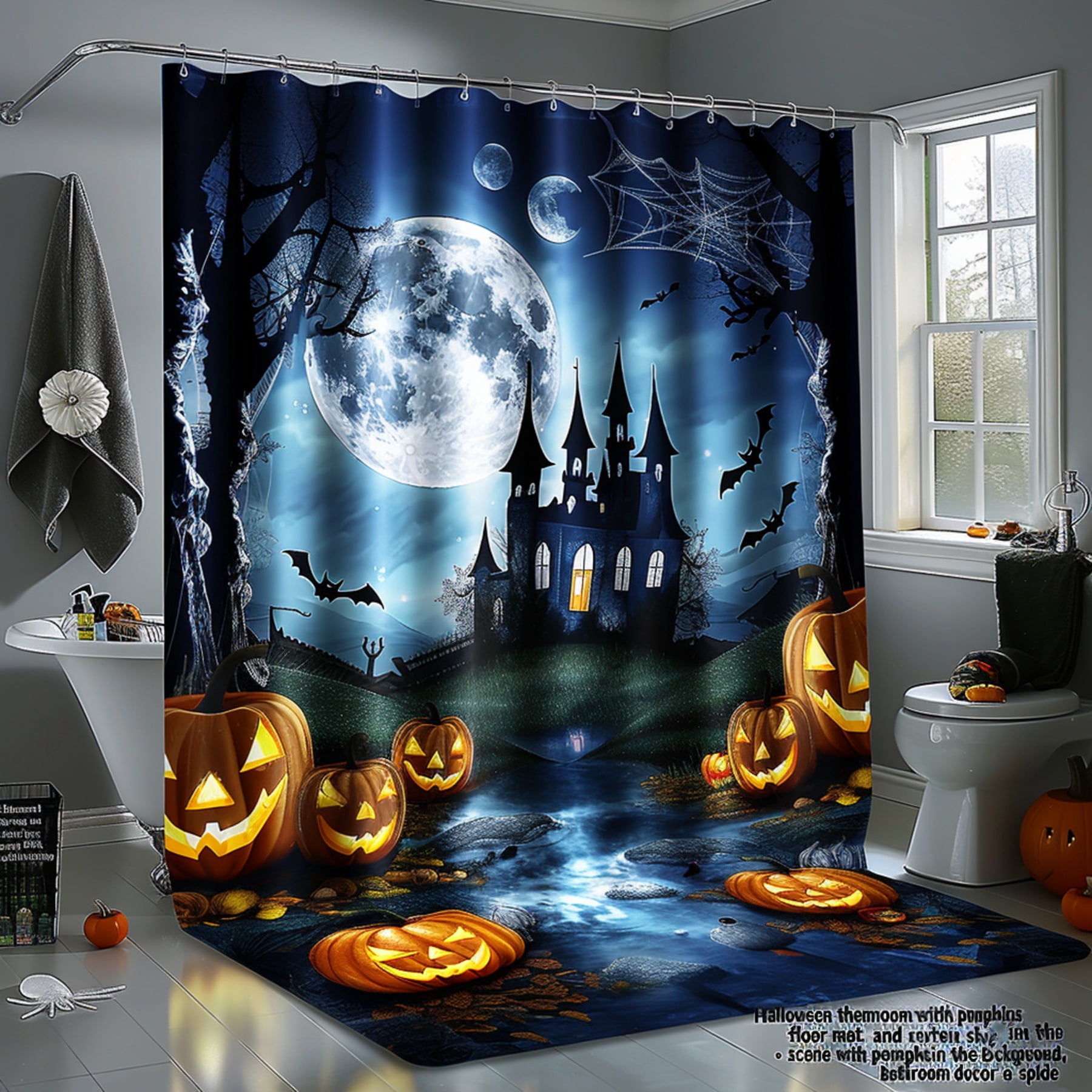 Spooky Halloween Bathroom Decor Set with Pumpkin Lanterns Moonlit Night ...