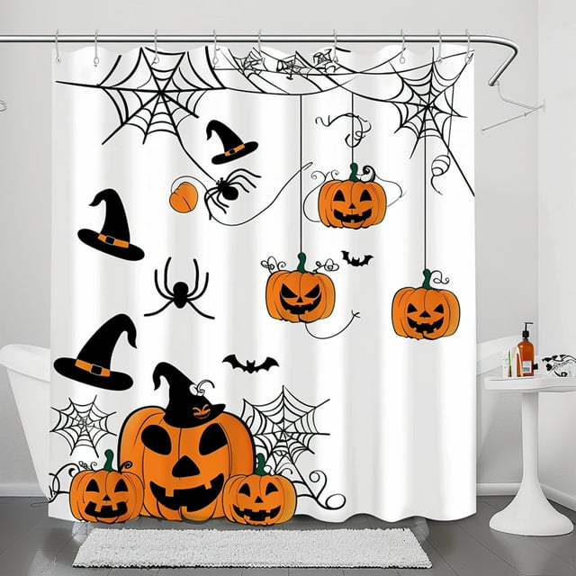 Spooky Halloween Bathroom Set Cute Spider Pumpkins Witch Hats Fun