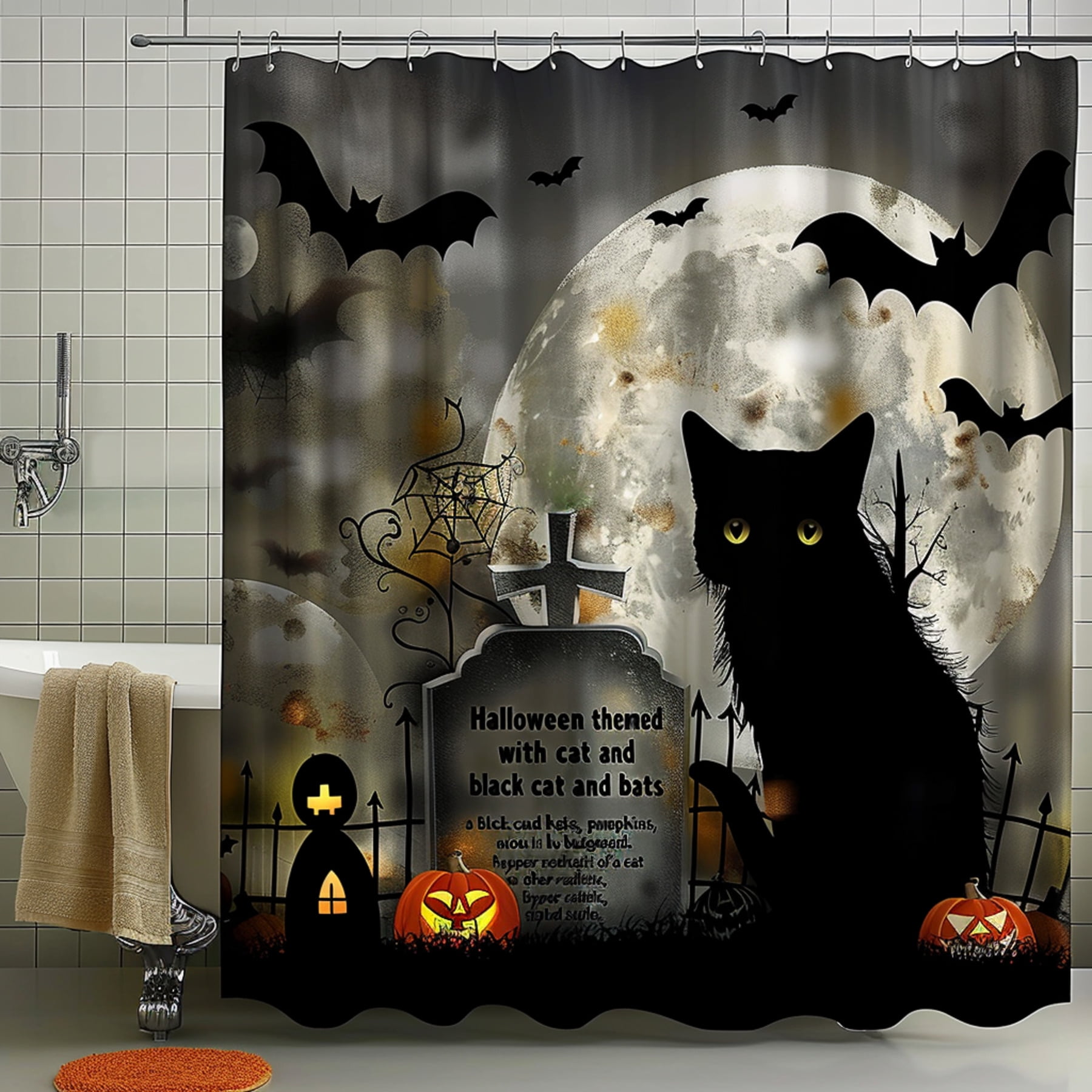 Spooky Halloween Black Cat And Bats Shower Curtain With Cemetery