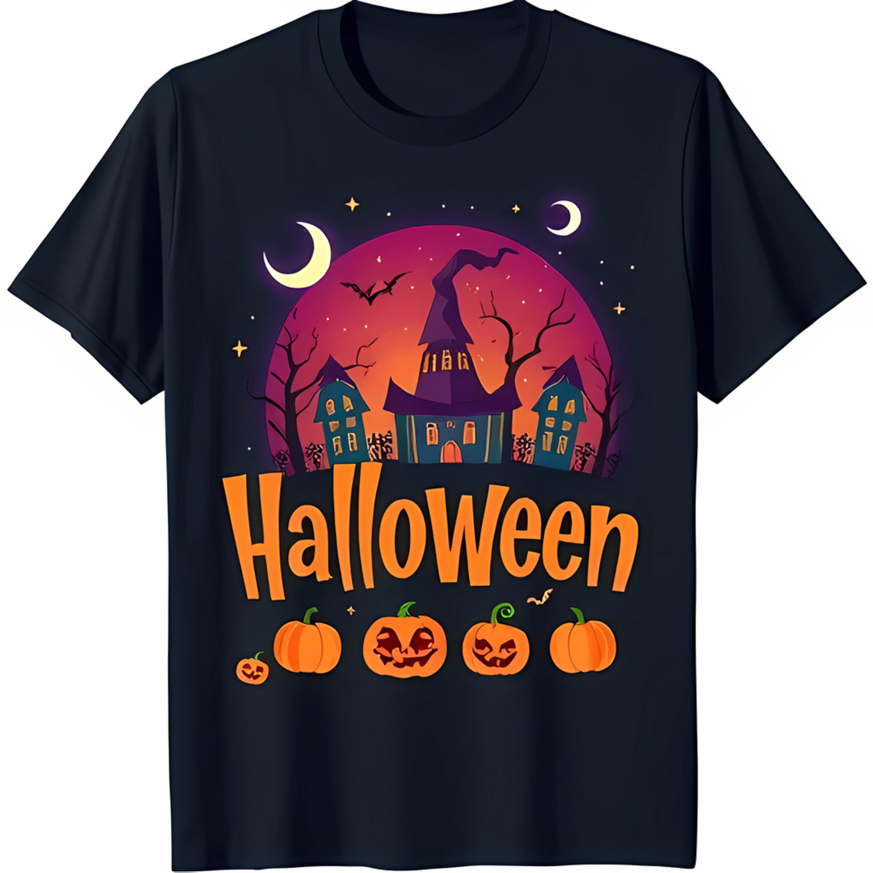 Spooky Halloween Black T-Shirt with Haunted House Witch Hat & Pumpkins ...