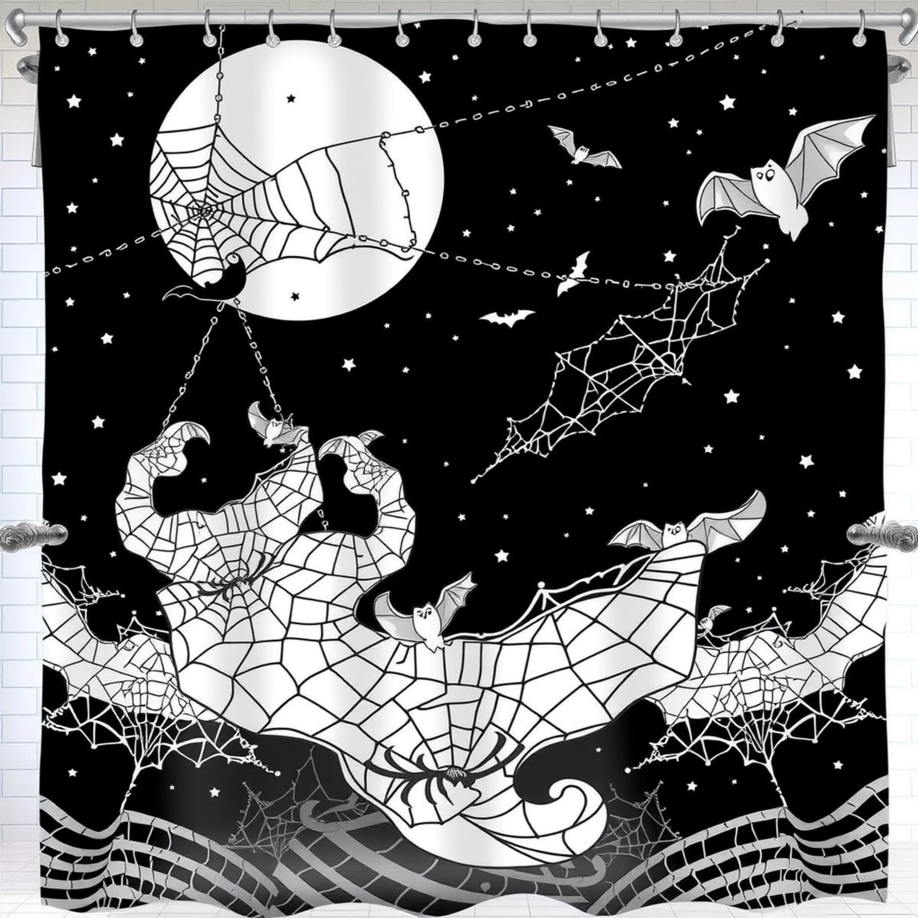 Spooky Halloween Black & White Shower Curtain with Spiderweb & Bats ...