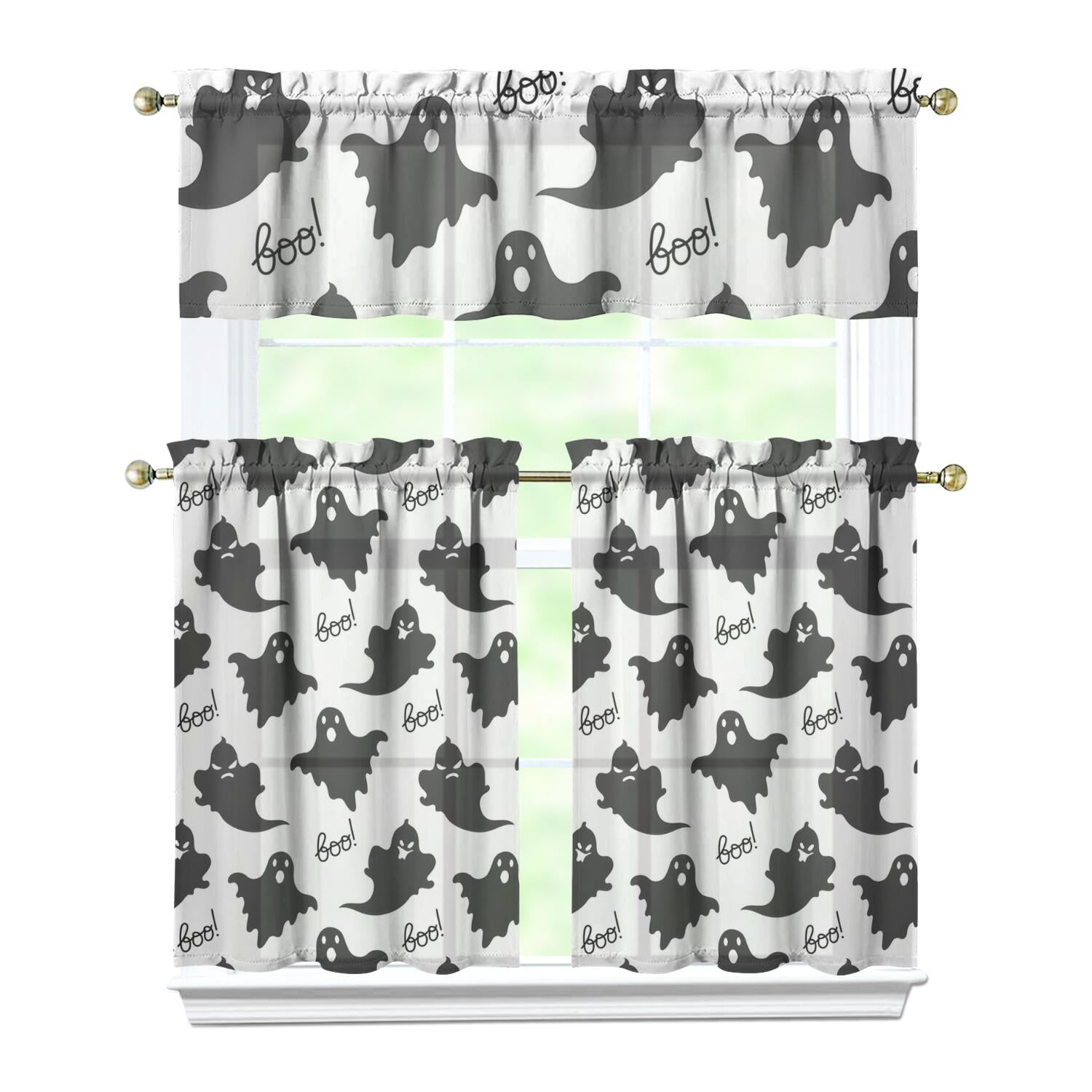 Spooky Halloween Caf Curtains - Skeleton Spider Cobweb Pattern Tier Set ...