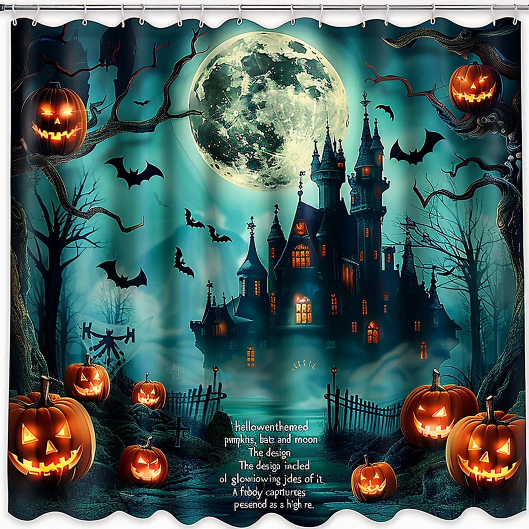 Spooky Halloween Castle Shower Curtain Pumpkins Bats Moon Mysterious ...