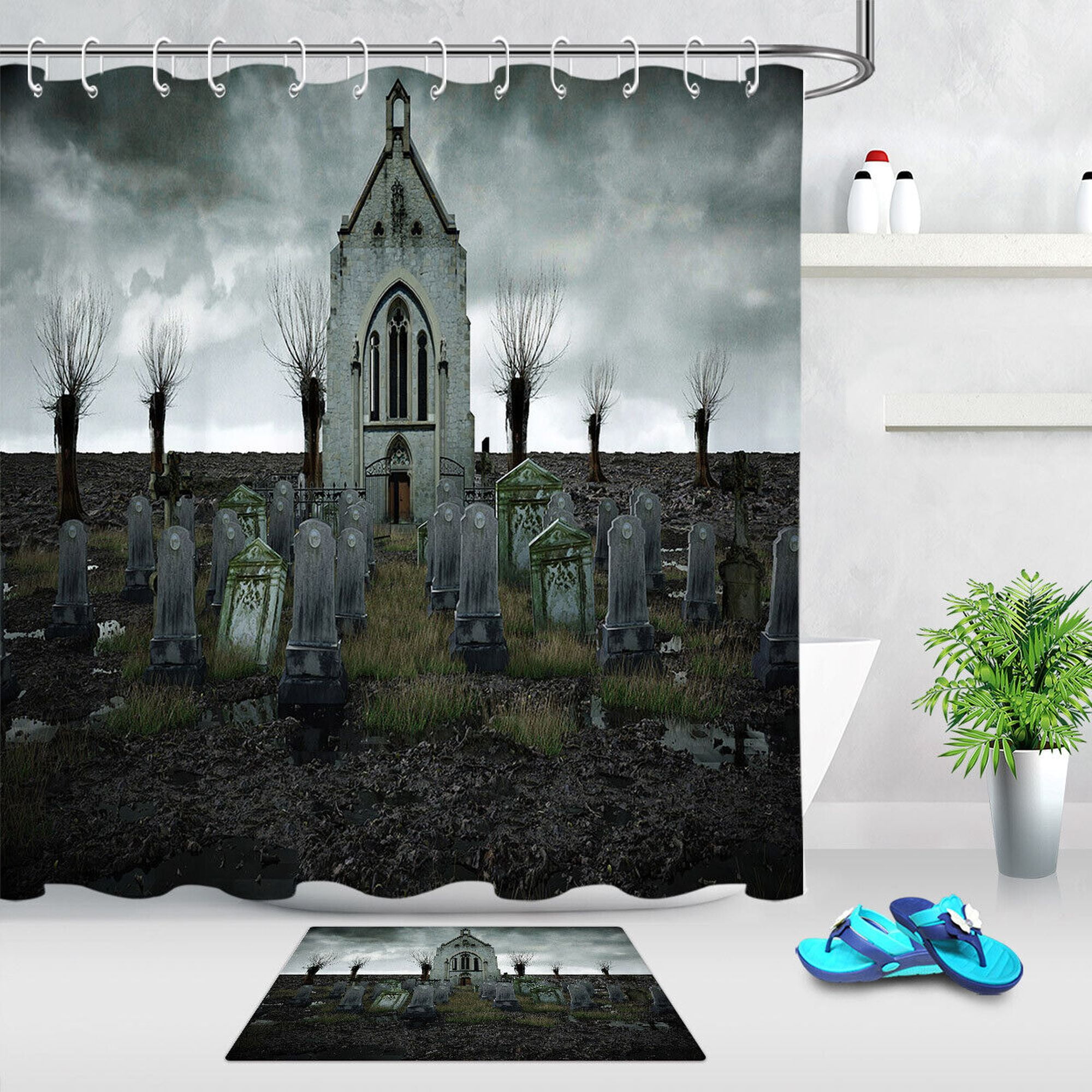 Spooky Halloween Cemetery Shower Curtain Set With Old Church Design