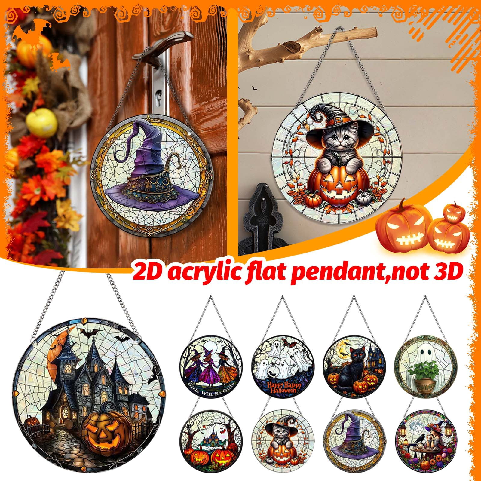 Spooky Halloween Decorations Window Pendant – 2D Cat Witch Acrylic Sun ...