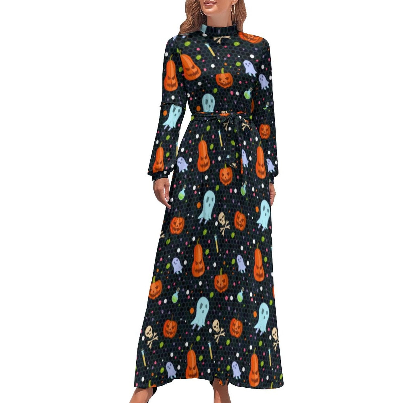 Spooky Halloween Dress Long Sleeve s And Pumpkins Maxi Dress High Waist ...