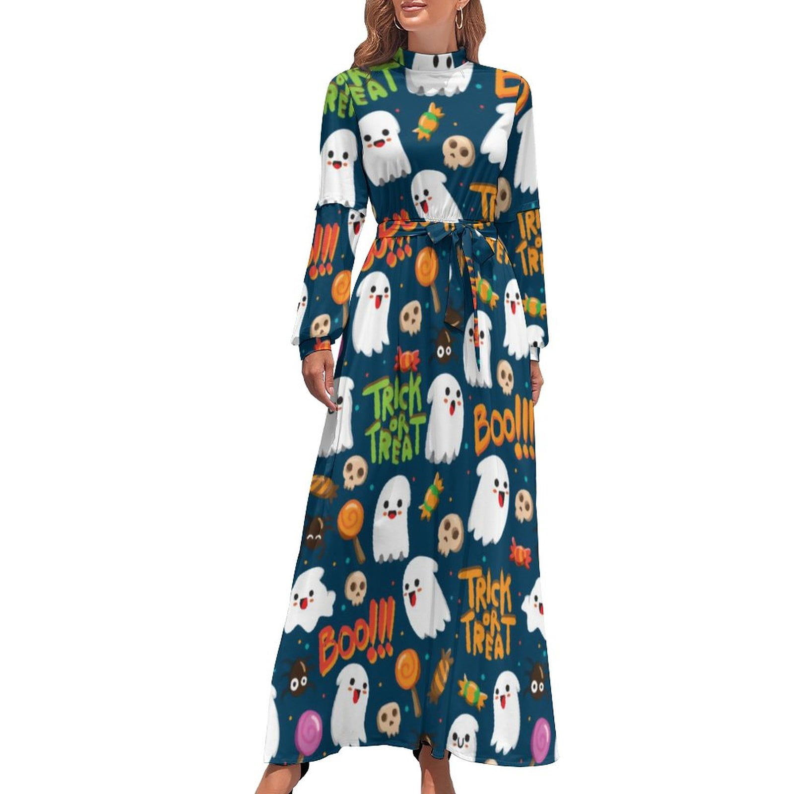 Spooky Halloween Dress Long Sleeve s And Pumpkins Maxi Dress High Waist ...