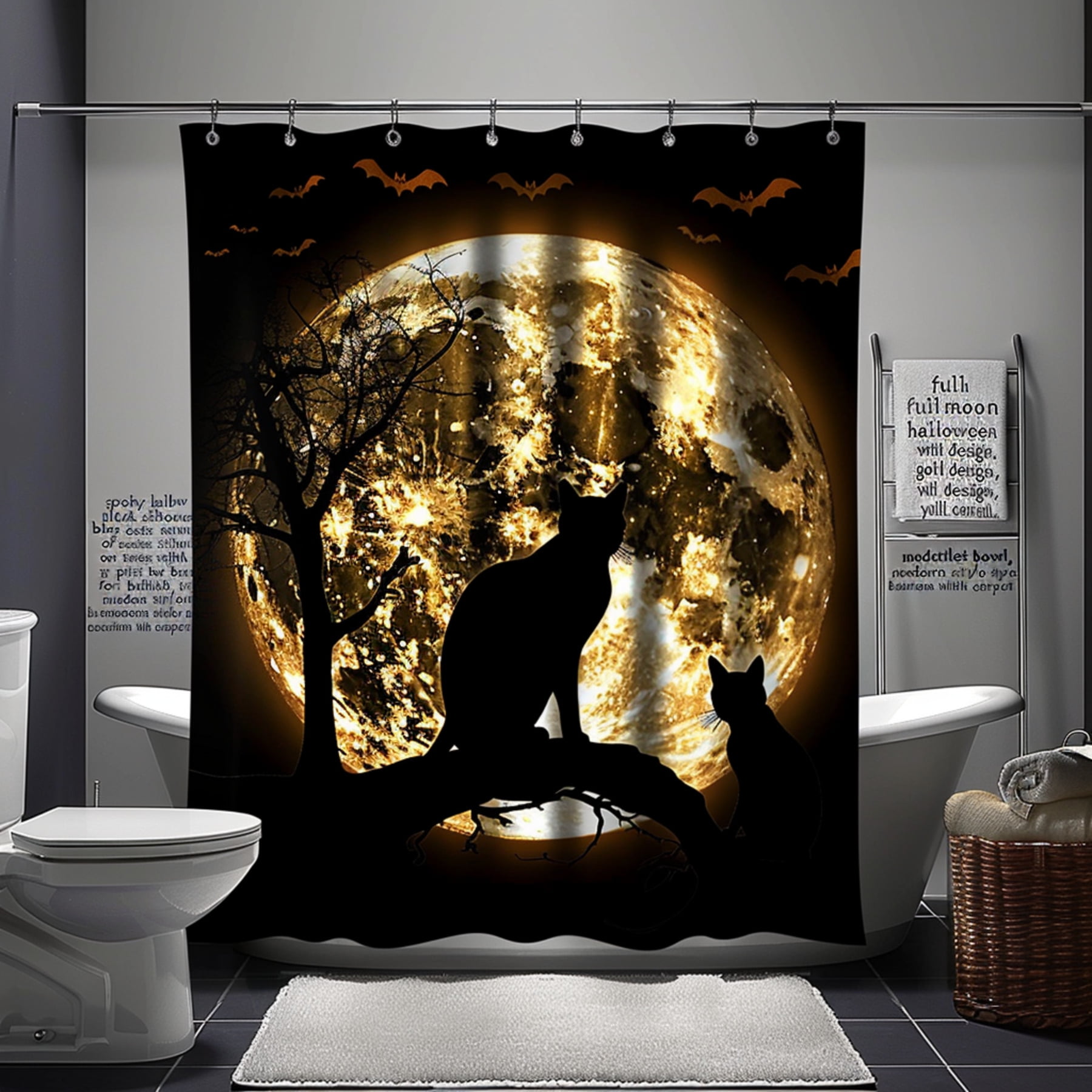 Spooky Halloween Full Moon Black Cat Shower Curtain Modern Bathroom