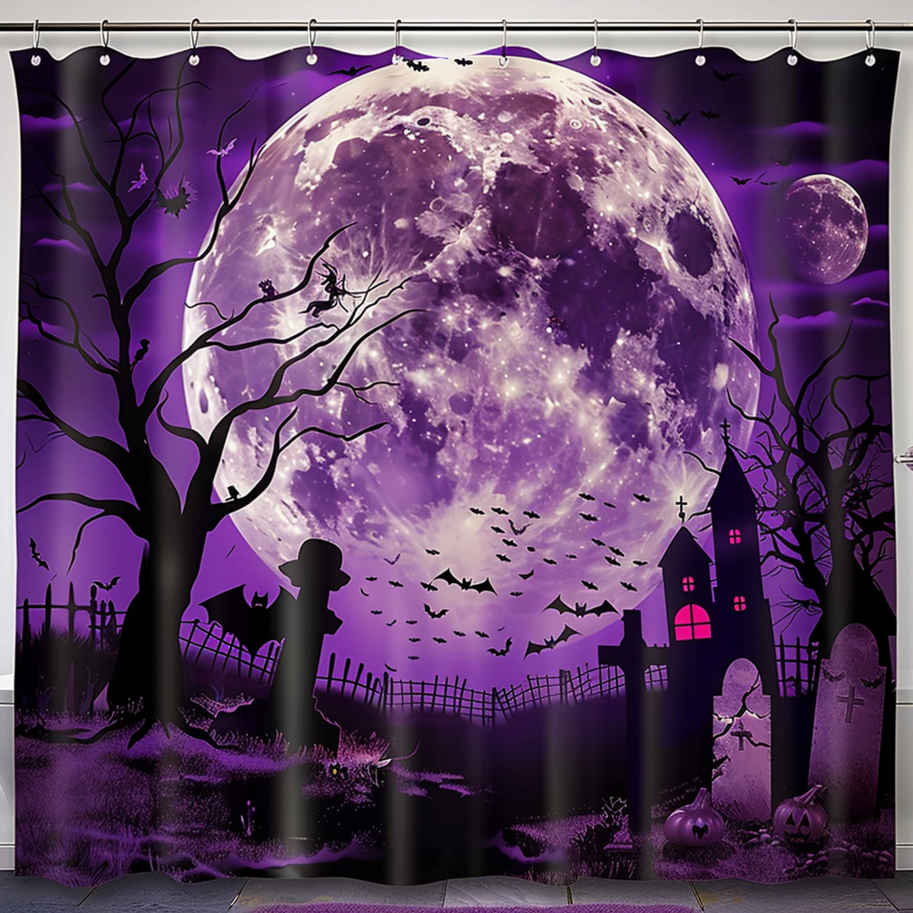 Spooky Halloween Full Moon And Bat Shower Curtain With Gothic Cemetery