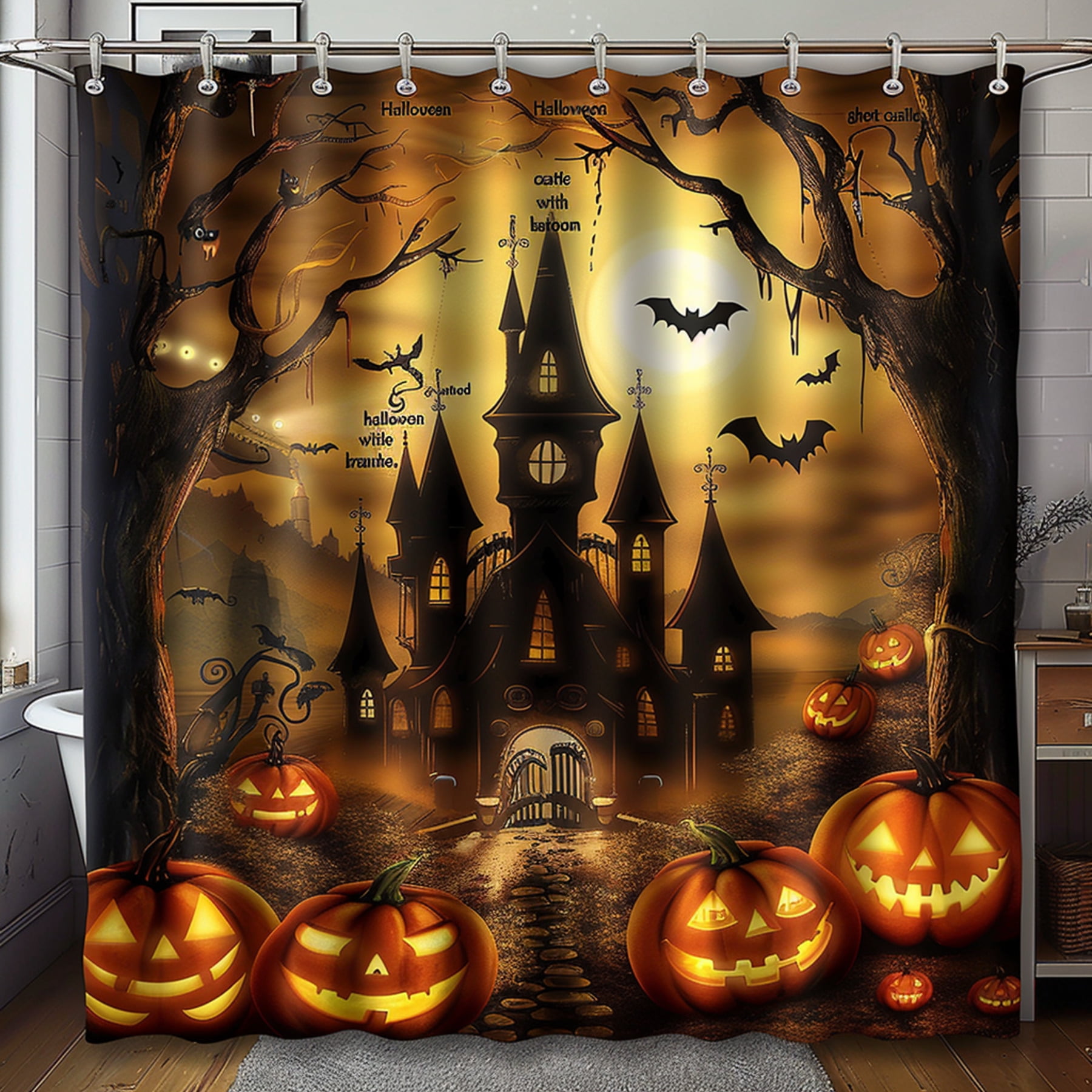 Spooky Halloween Ghost Castle Shower Curtain Haunted Forest Design With