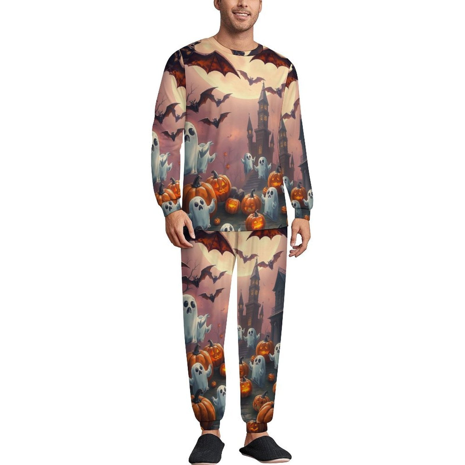 Spooky Halloween Ghosts Bats Pajamas Men Home Suit Winter Long Sleeve 2 ...