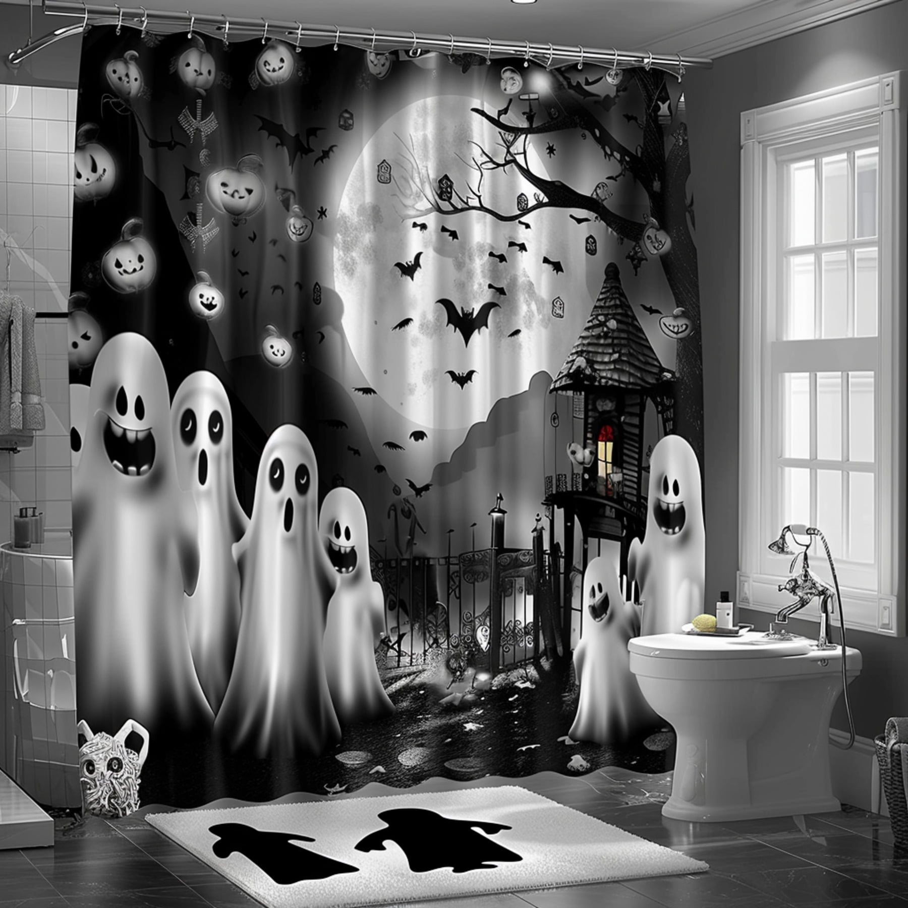Spooky Halloween Ghosts And Haunted House Bathroom Set Macabre Design In