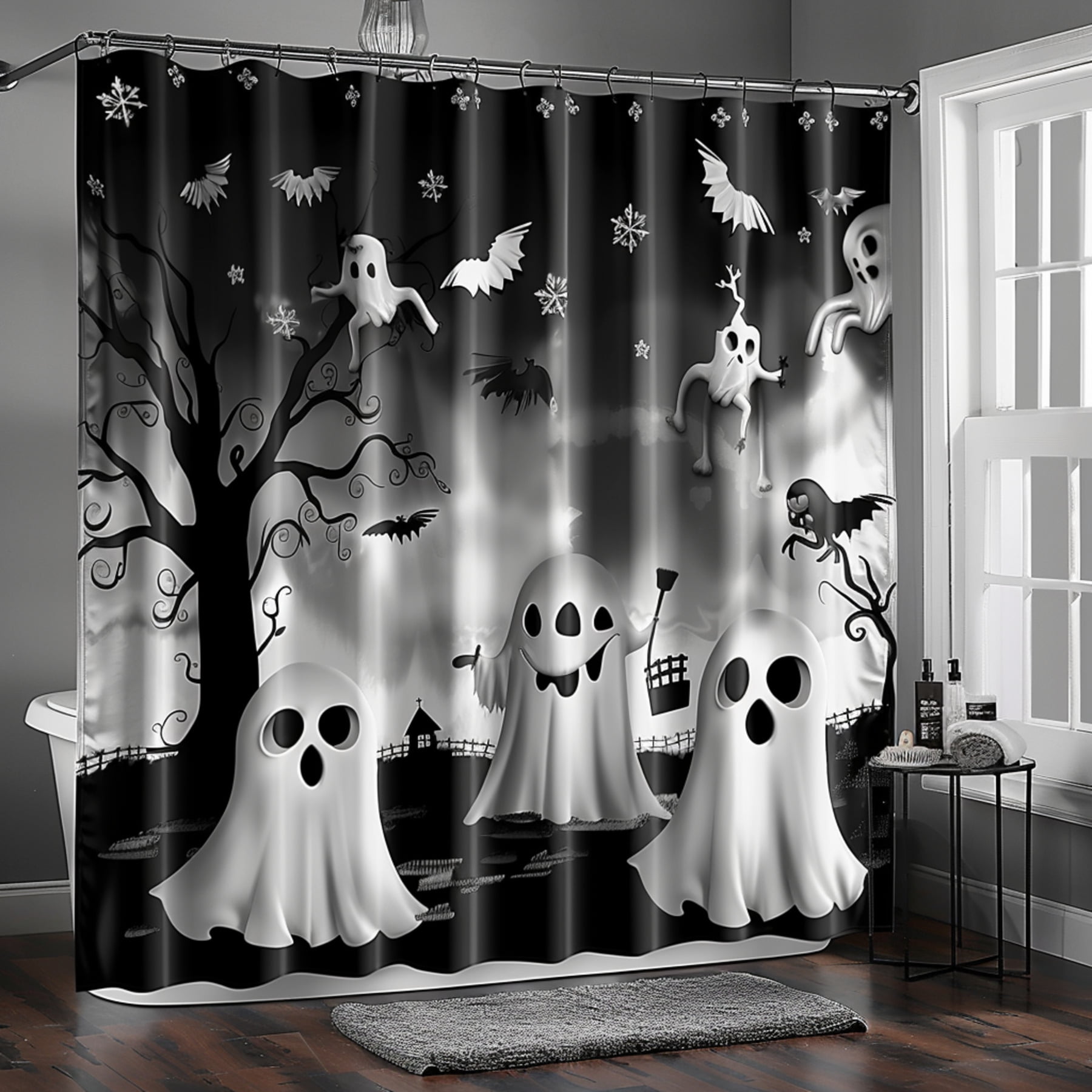 Spooky Halloween Ghosts Haunted House Shower Curtain Set Black White