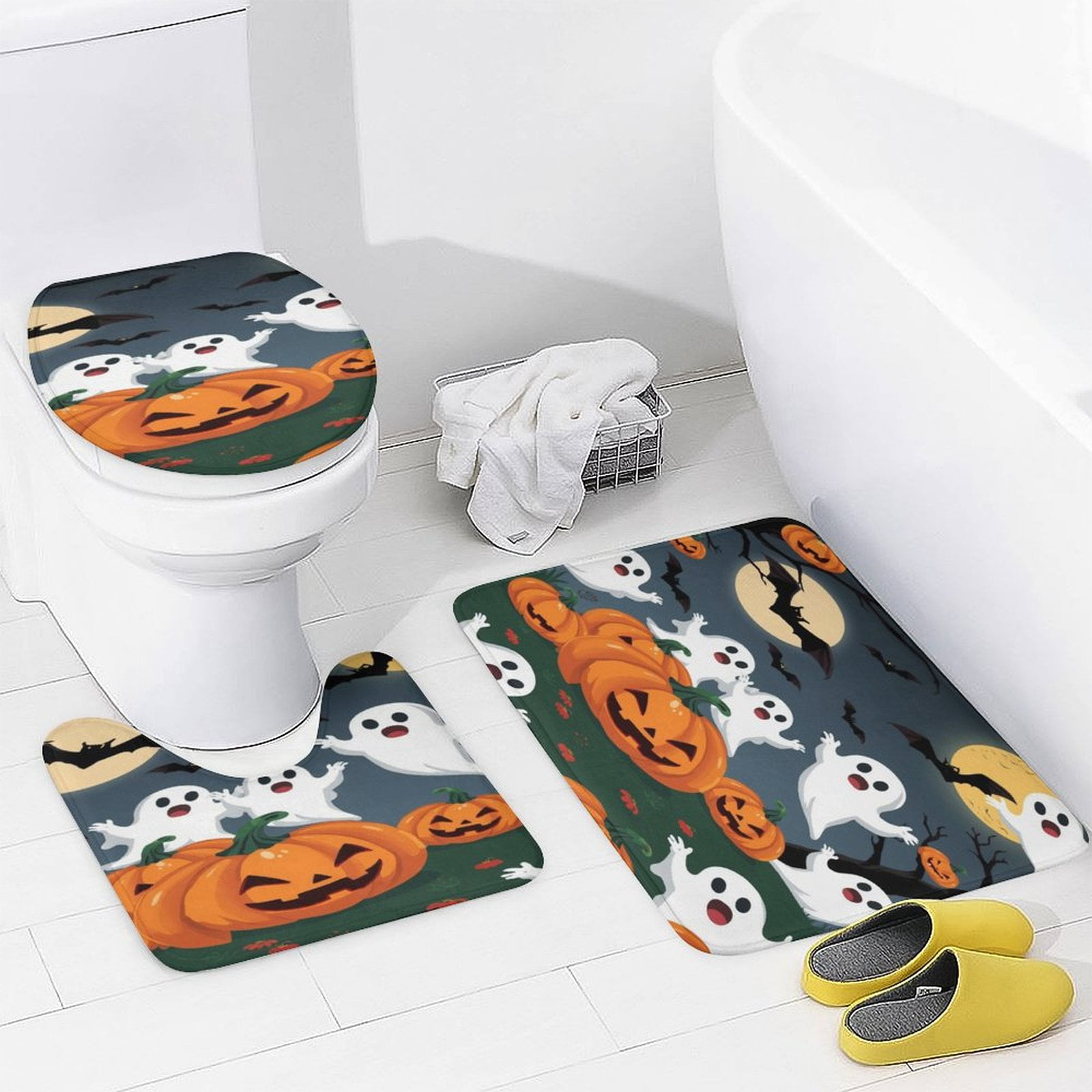 Spooky Halloween Ghosts Pumpkins Bathroom Rugs Set 3 Piece with Non ...