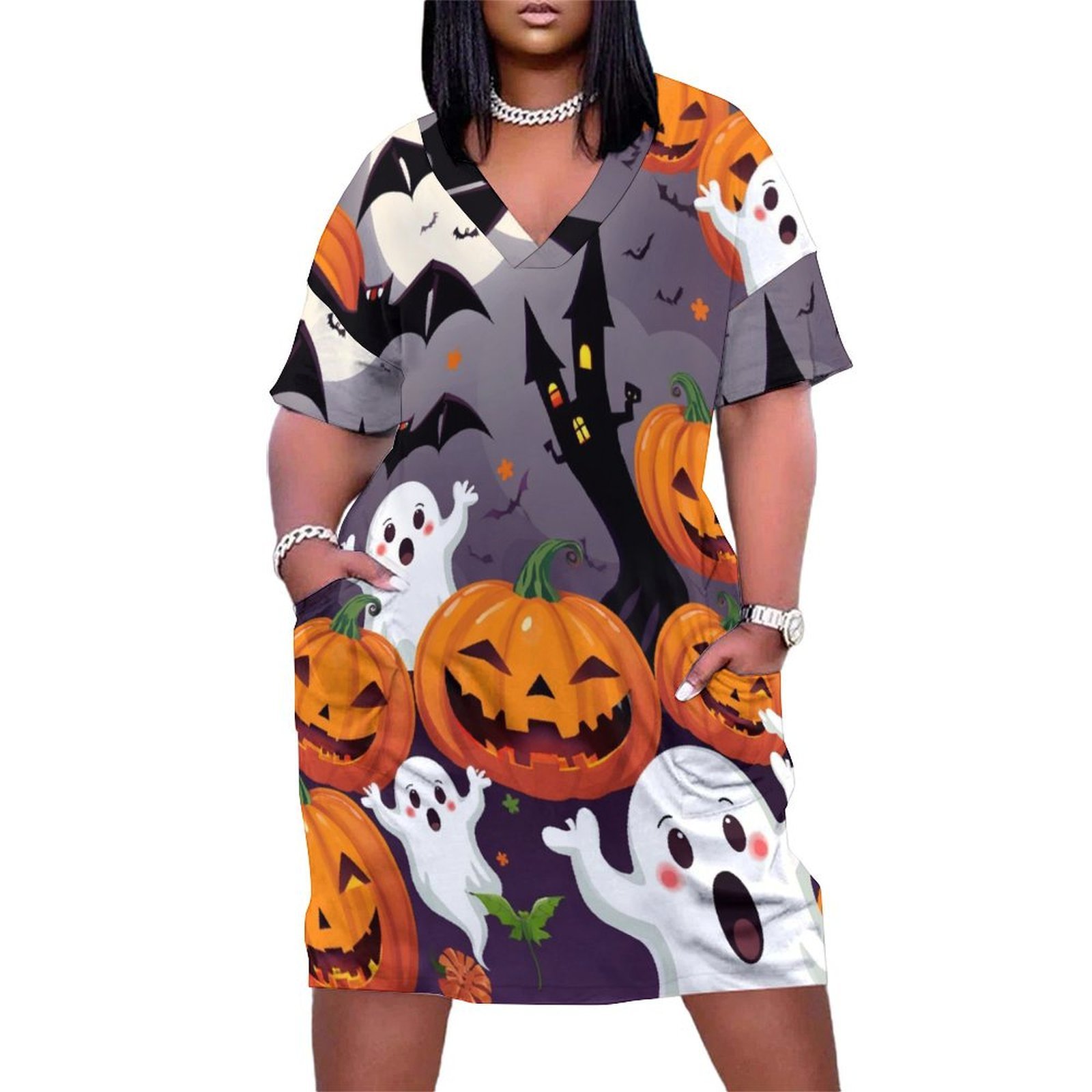Spooky Halloween Ghosts Pumpkins Loose Pocket Dress Elegant Women"s ...
