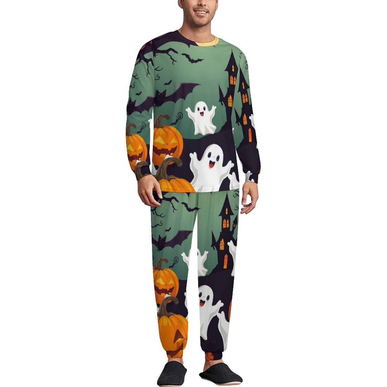 Spooky Halloween Ghosts Pumpkins Pajamas Men Long Sleeves Pajama Sets 2 ...