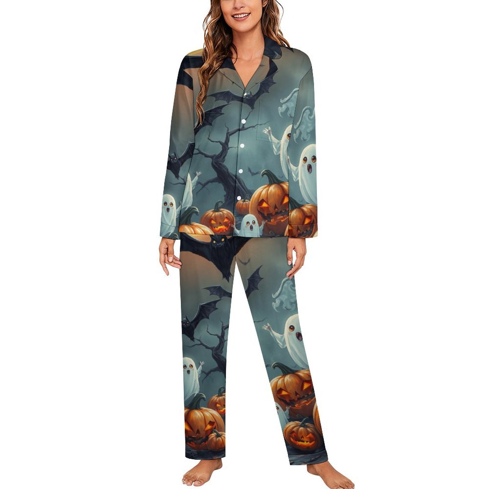 Spooky Halloween Ghosts Pumpkins Pajamas Woman Home Suit Autumn Long ...
