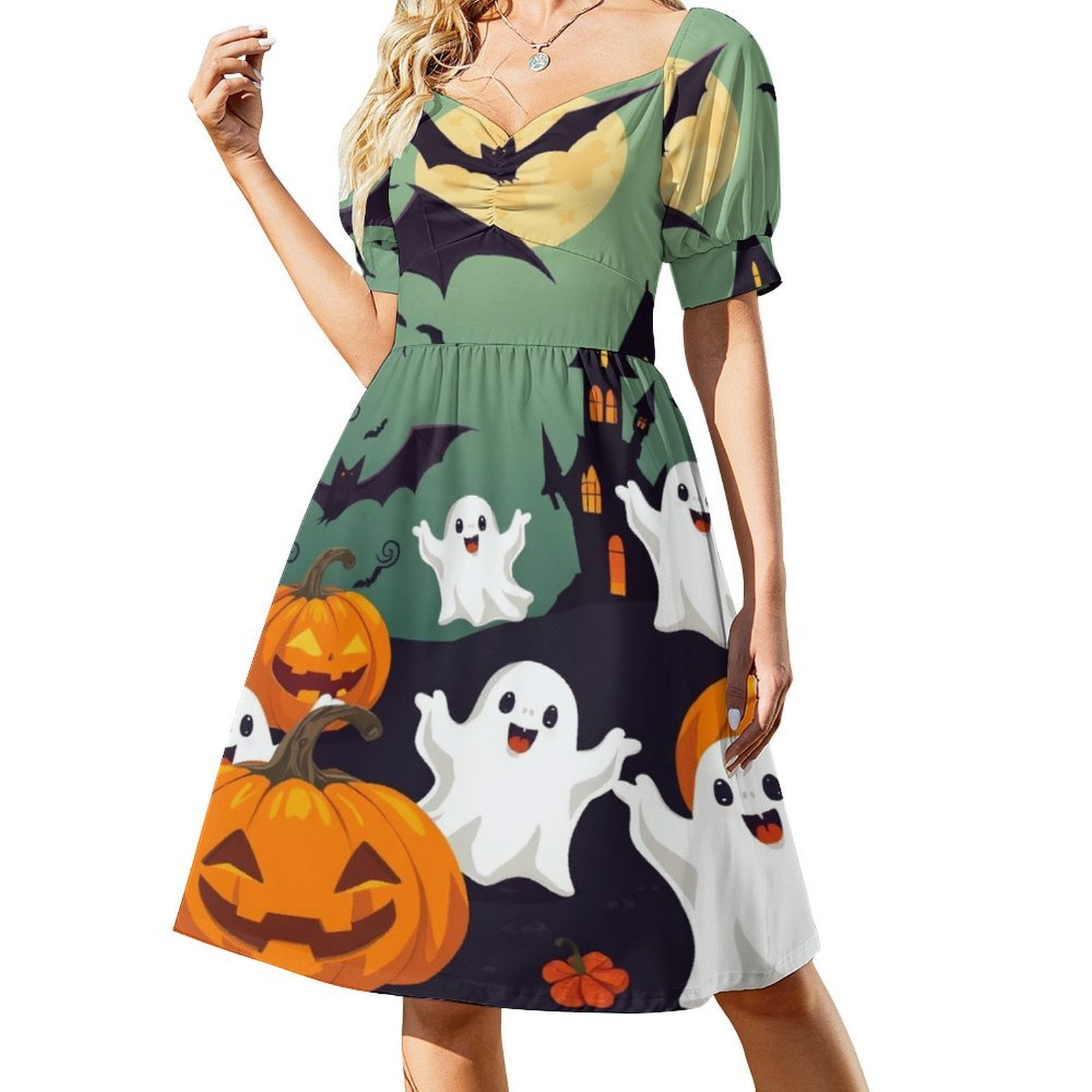 Spooky Halloween Ghosts Pumpkins Short Sleeved Dress Fairy Dress ...