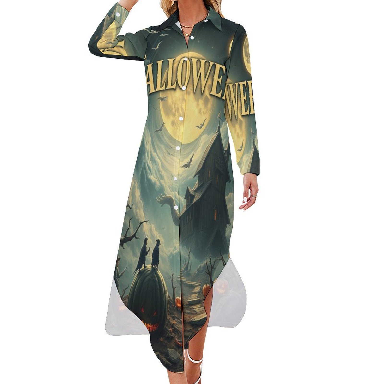 Spooky Halloween Haunted House Scene Casual Dress Dresses V Neck ...