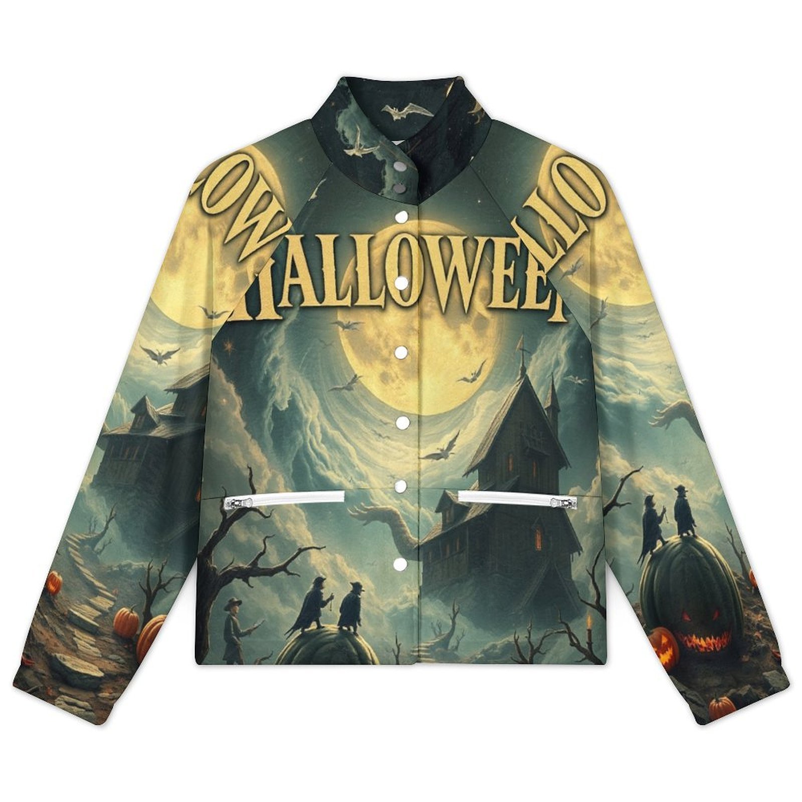 Spooky Halloween Haunted House Scene Warm Women's Plush Jacket Stand ...