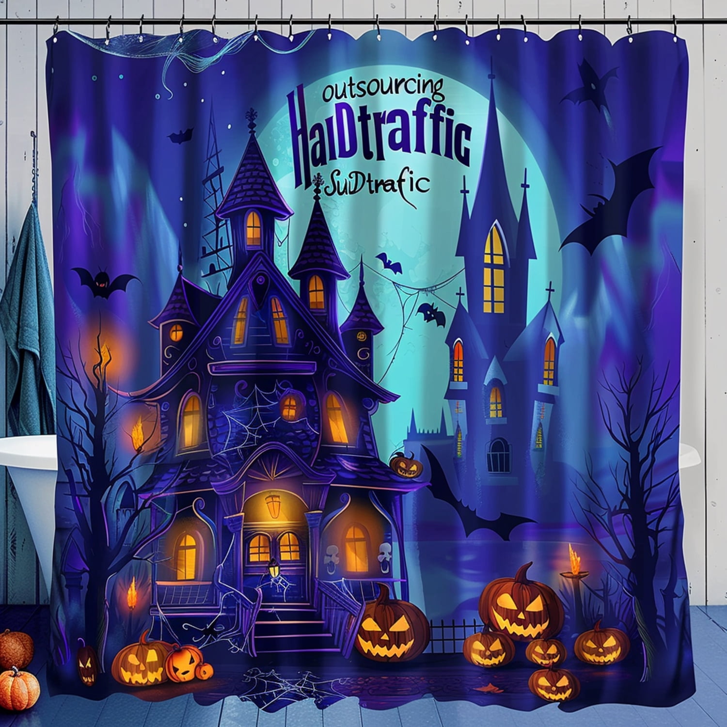 Spooky Halloween Haunted House Shower Curtain Ghostly Night Sky Design