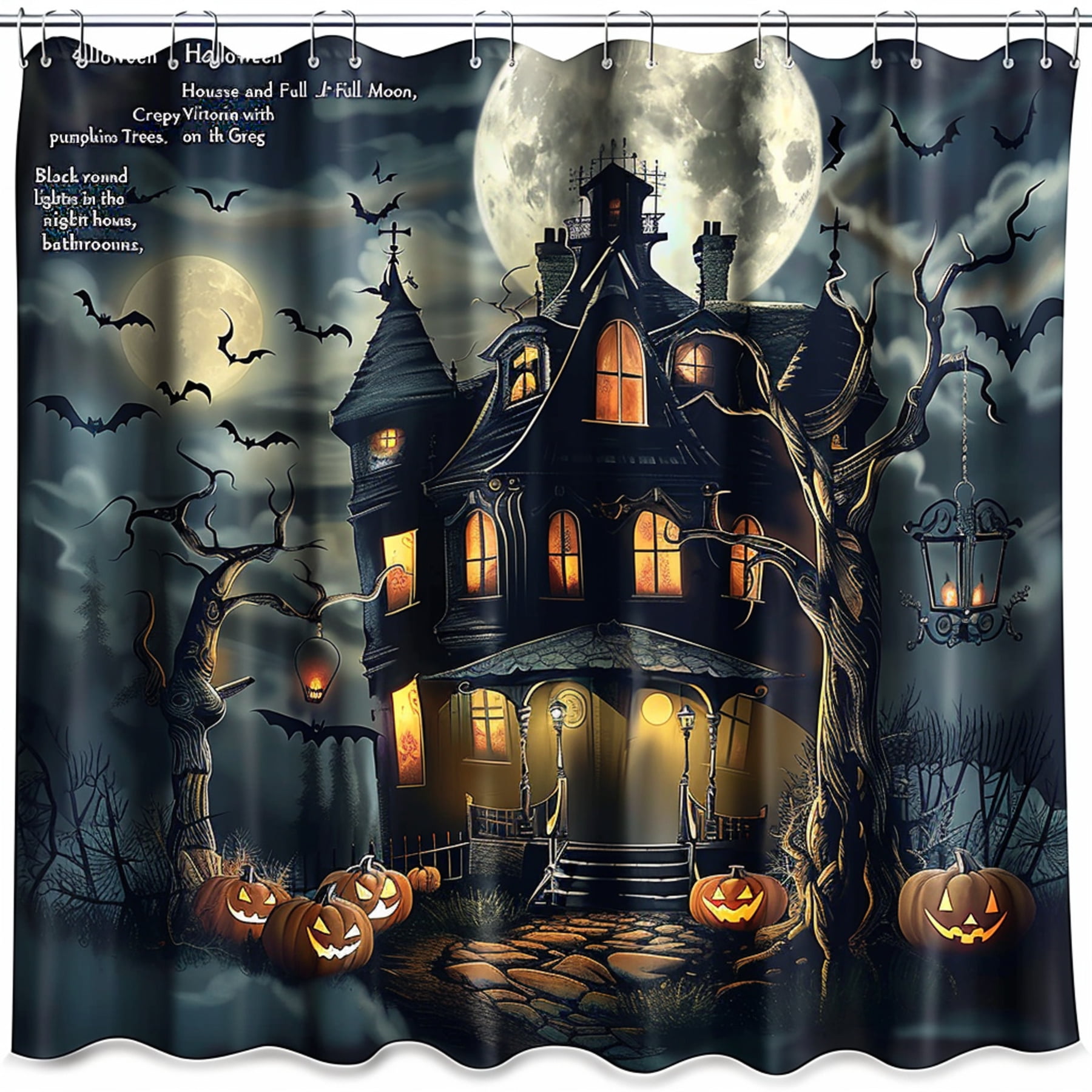 Spooky Halloween Haunted House Shower Curtain With Full Moon Victorian
