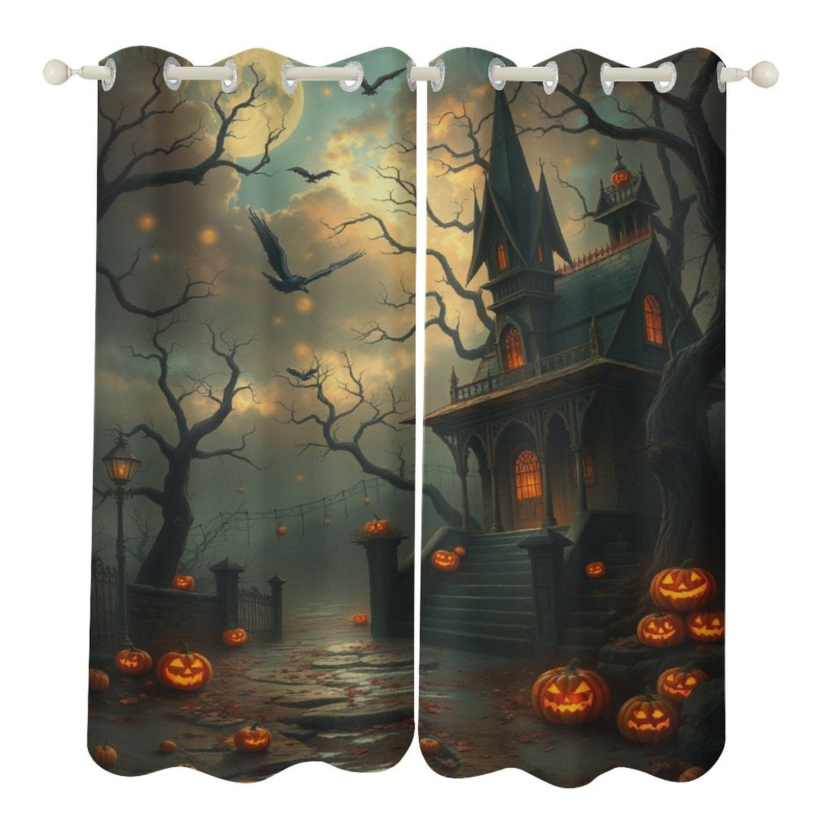 Spooky Halloween House Blackout Curtains 2 Panel Rod Pocket Thermal ...