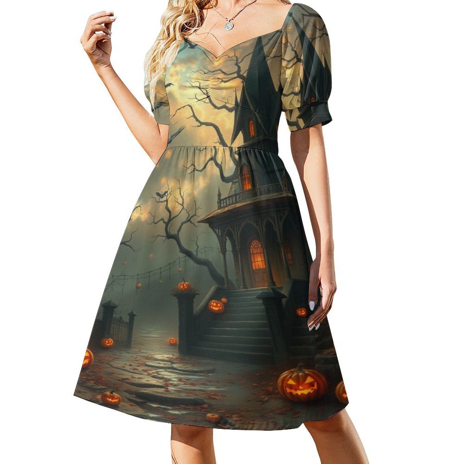 Spooky Halloween House Short Sleeved Dress Bridesmaid Dress Woman Party ...