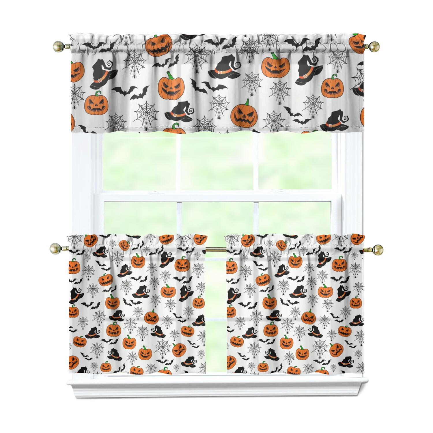 Spooky Halloween Kitchen Curtains 3PC Set - Pumpkin Black Cat Full Moon ...