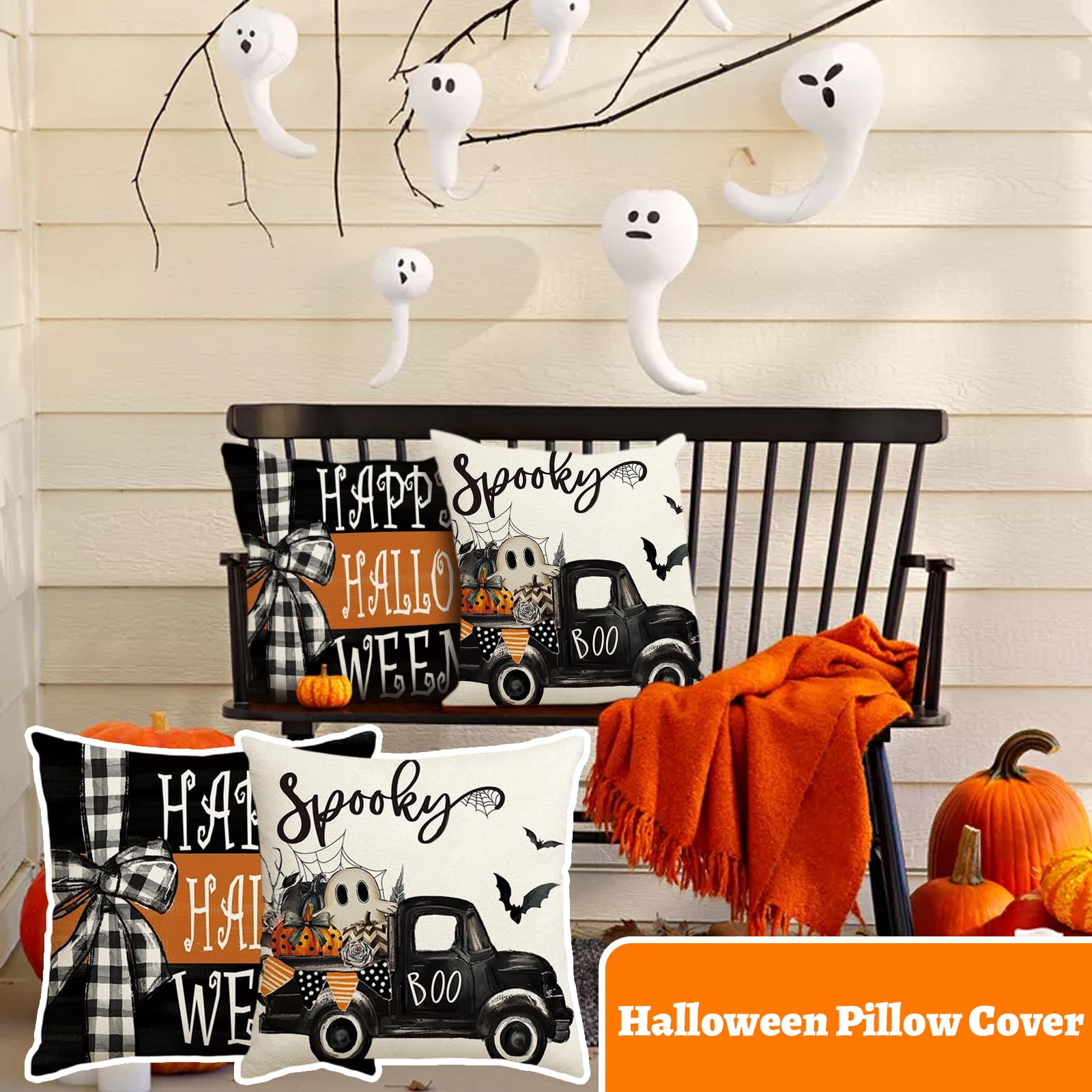 Spooky Halloween Linen Pillow Cover – Haunted House Print, Single-Sided ...