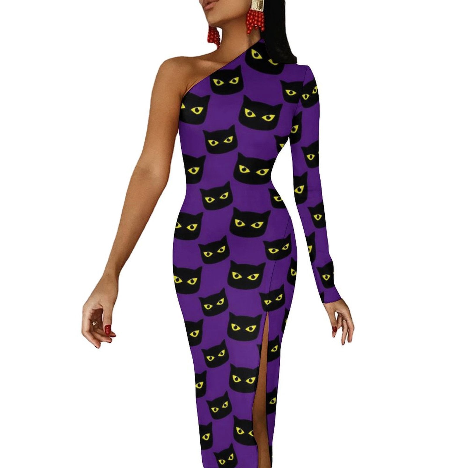 Spooky Halloween Long Dress Womens Black Orange Bat Party Maxi Dress ...