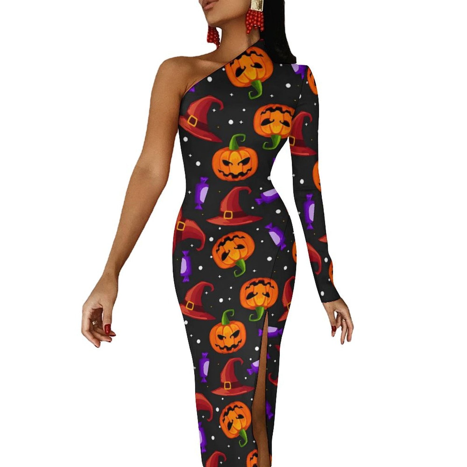Spooky Halloween Long Dress Womens Black Orange Bat Party Maxi Dress ...