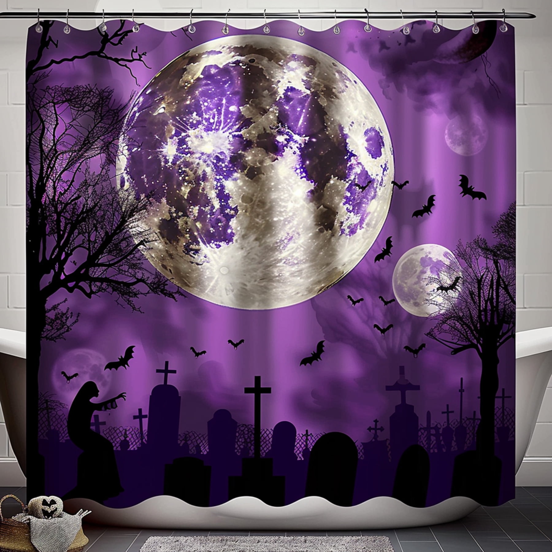 Spooky Halloween Night Shower Curtain Haunting Cemetery Scene With Bats