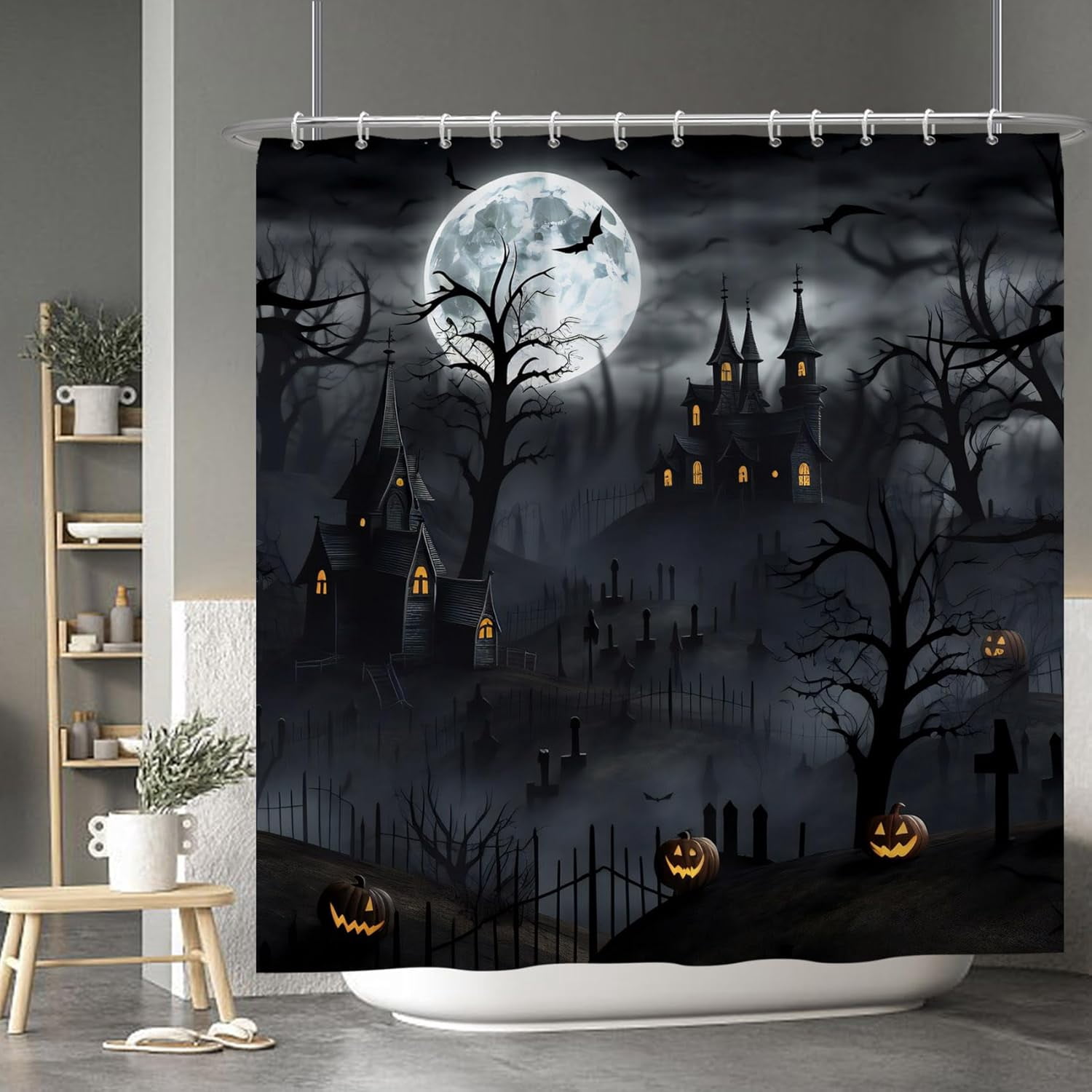 Spooky Halloween Night Shower Curtain Set Gloomy Full Moon Gothic ...